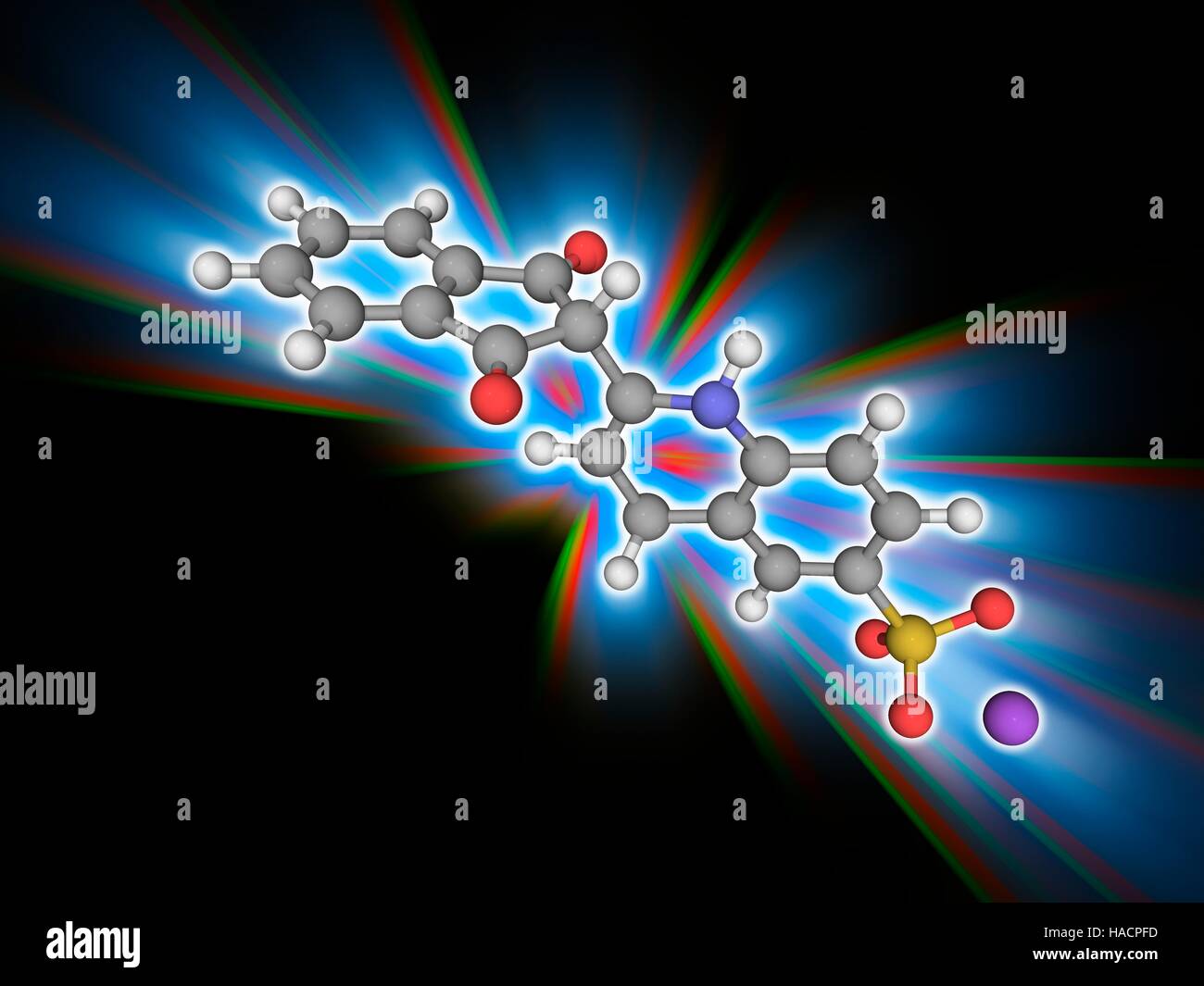 Quinoline yellow. Molecular model of the food dye quinoline yellow (C18 ...