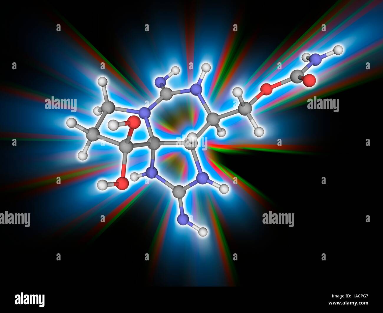 Saxitoxin. Molecular model of the neurotoxin saxitoxin (C10.H17.N7.O4 ...
