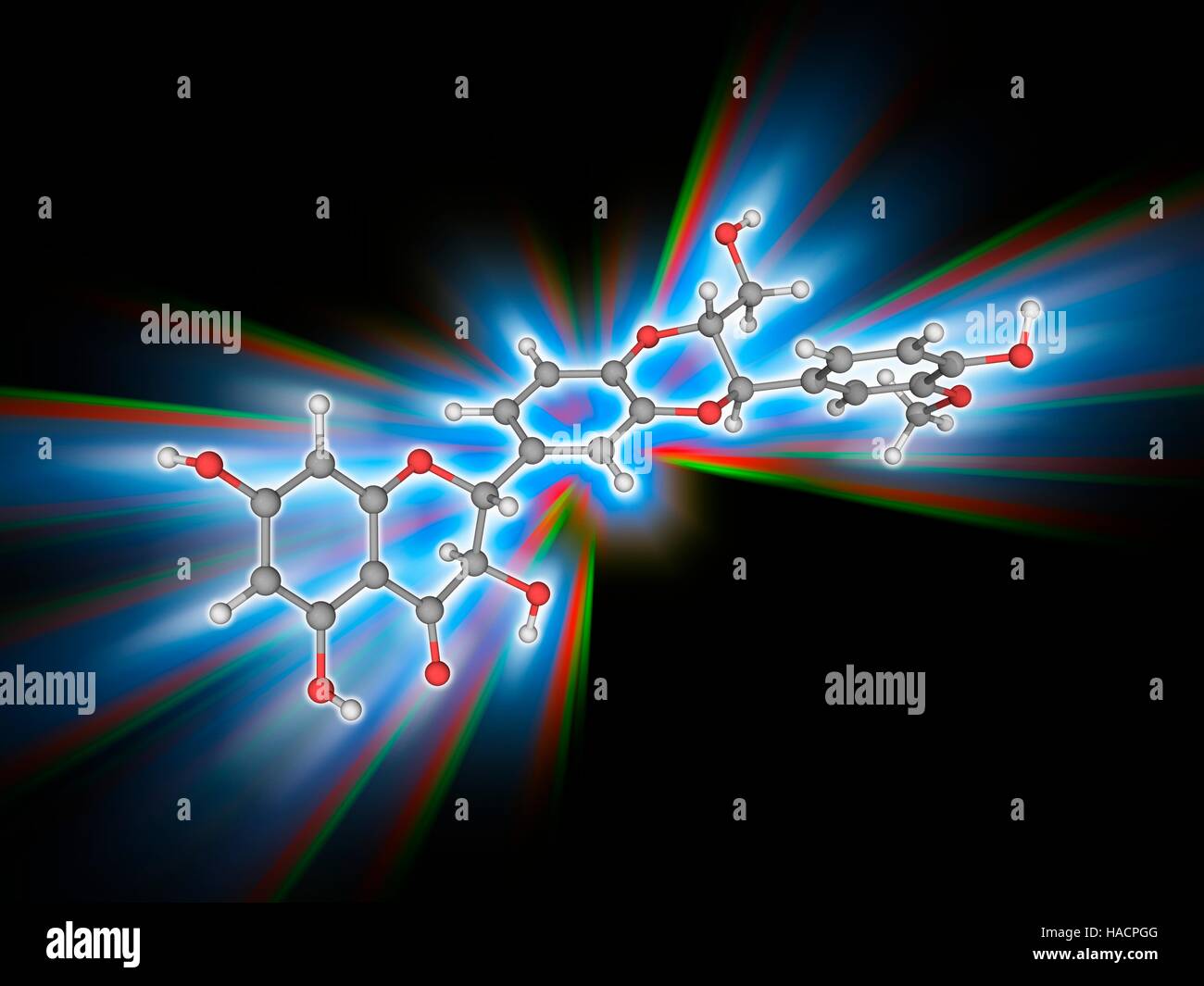 Silibinin. Molecular model of the chemical silibinin (C25.H22.O10 ...