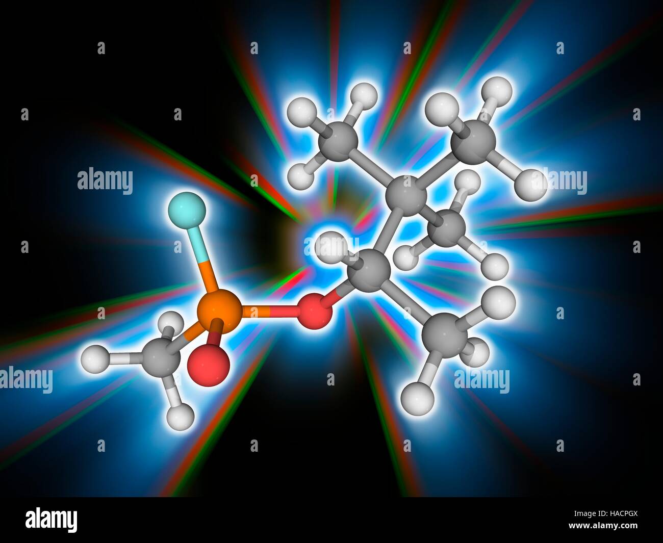 Soman. Molecular model of the chemical soman (C7.H16.F.O2.P), an ...