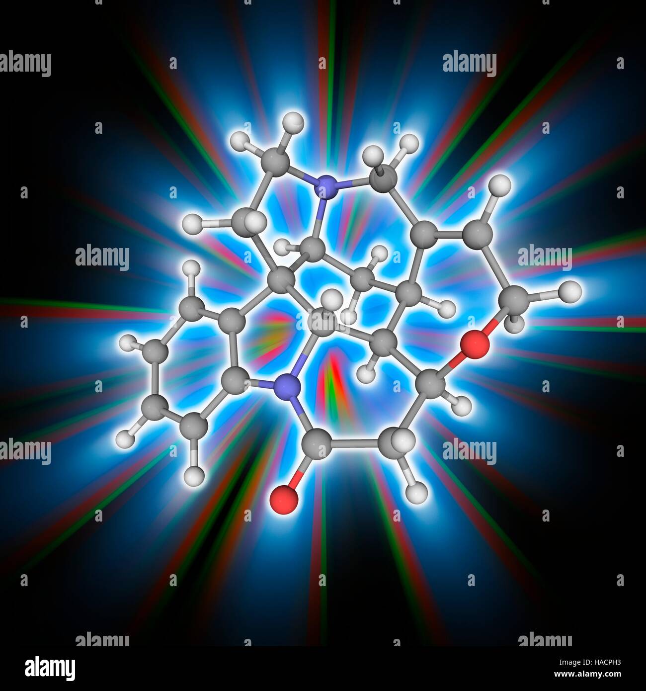 Strychnine. Molecular model of strychnine (C21.H22.N2.O2), a highly ...