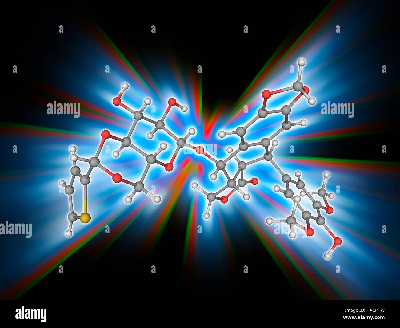 Teniposide. Molecular model of the chemotherapy drug teniposide (C32 ...