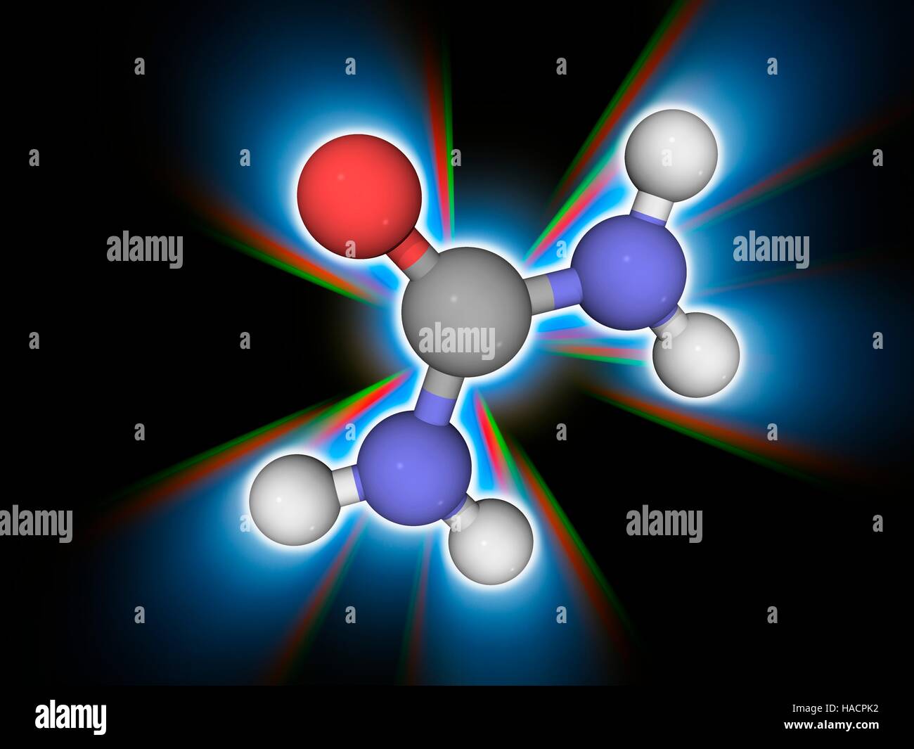 Urea. Molecular model of the organic compound urea (C.H4.N2.O), which ...