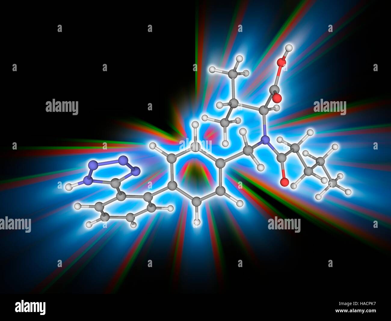 Valsartan. Molecular model of the drug valsartan (C24.H29.N5.O3), an ...