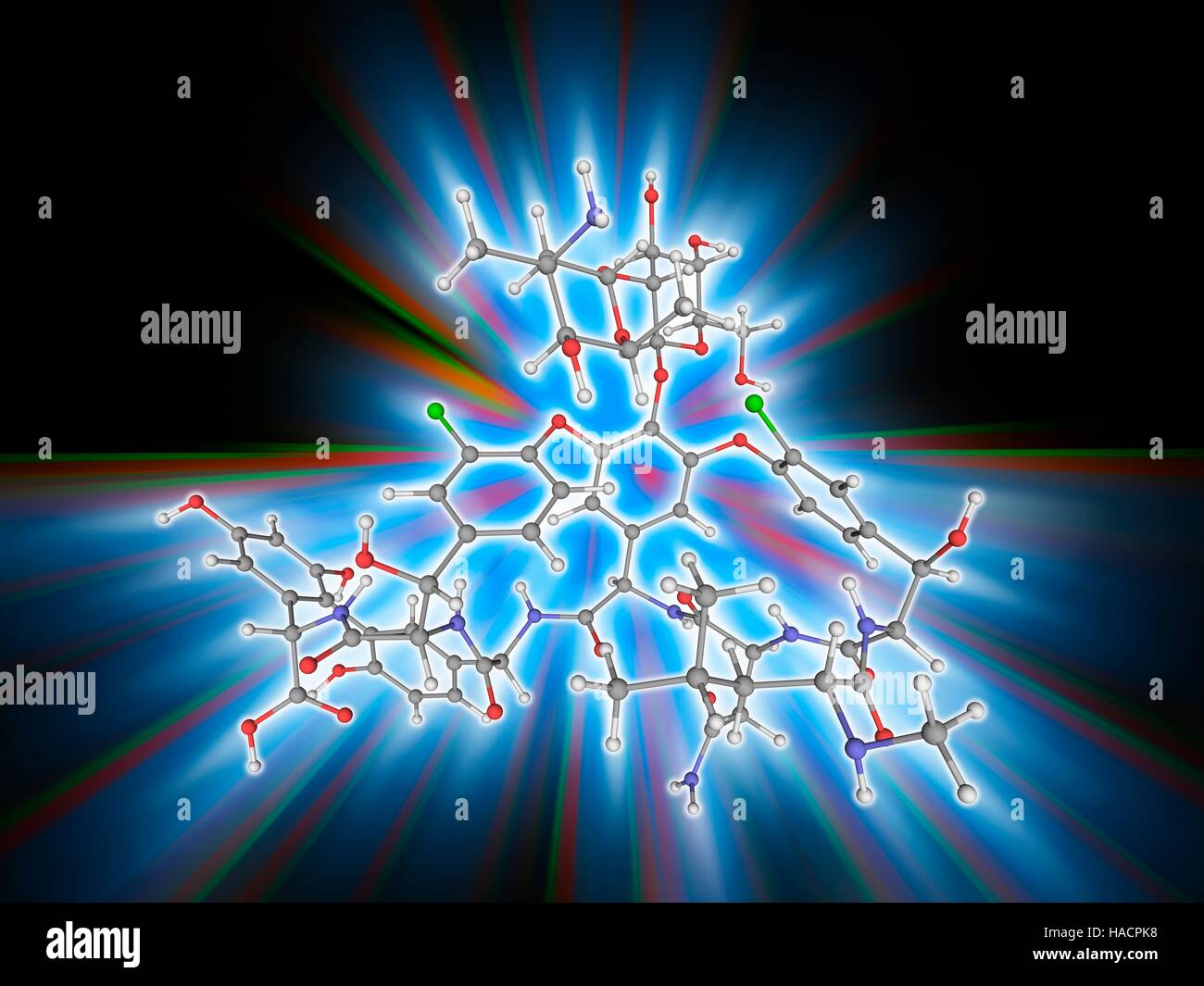 Vancomycin. Molecular model of the drug vancomycin (C66.H75.Cl2.N9.O24 ...