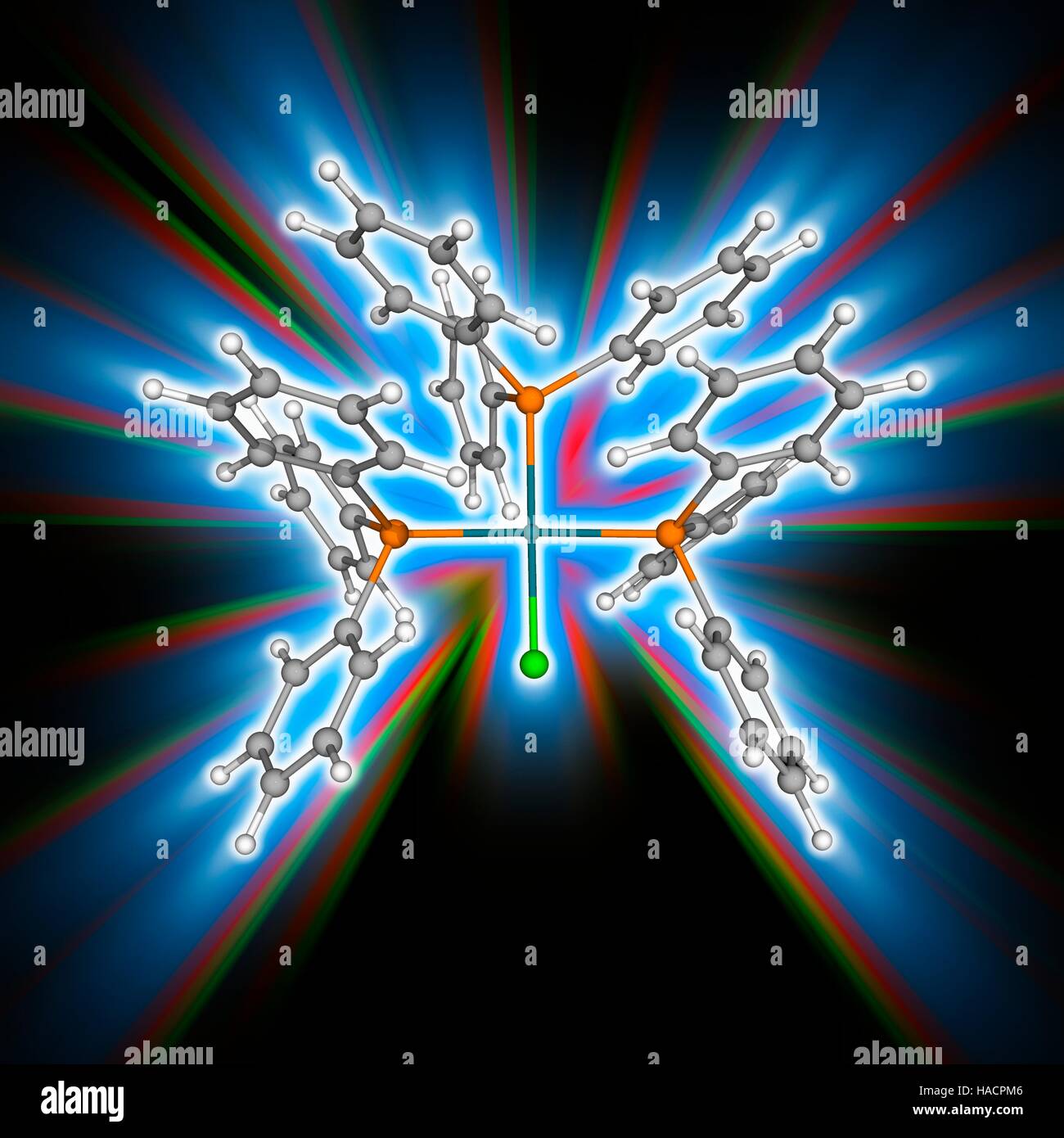 Wilkinson's catalyst. Molecular model of the metal complex and co ...