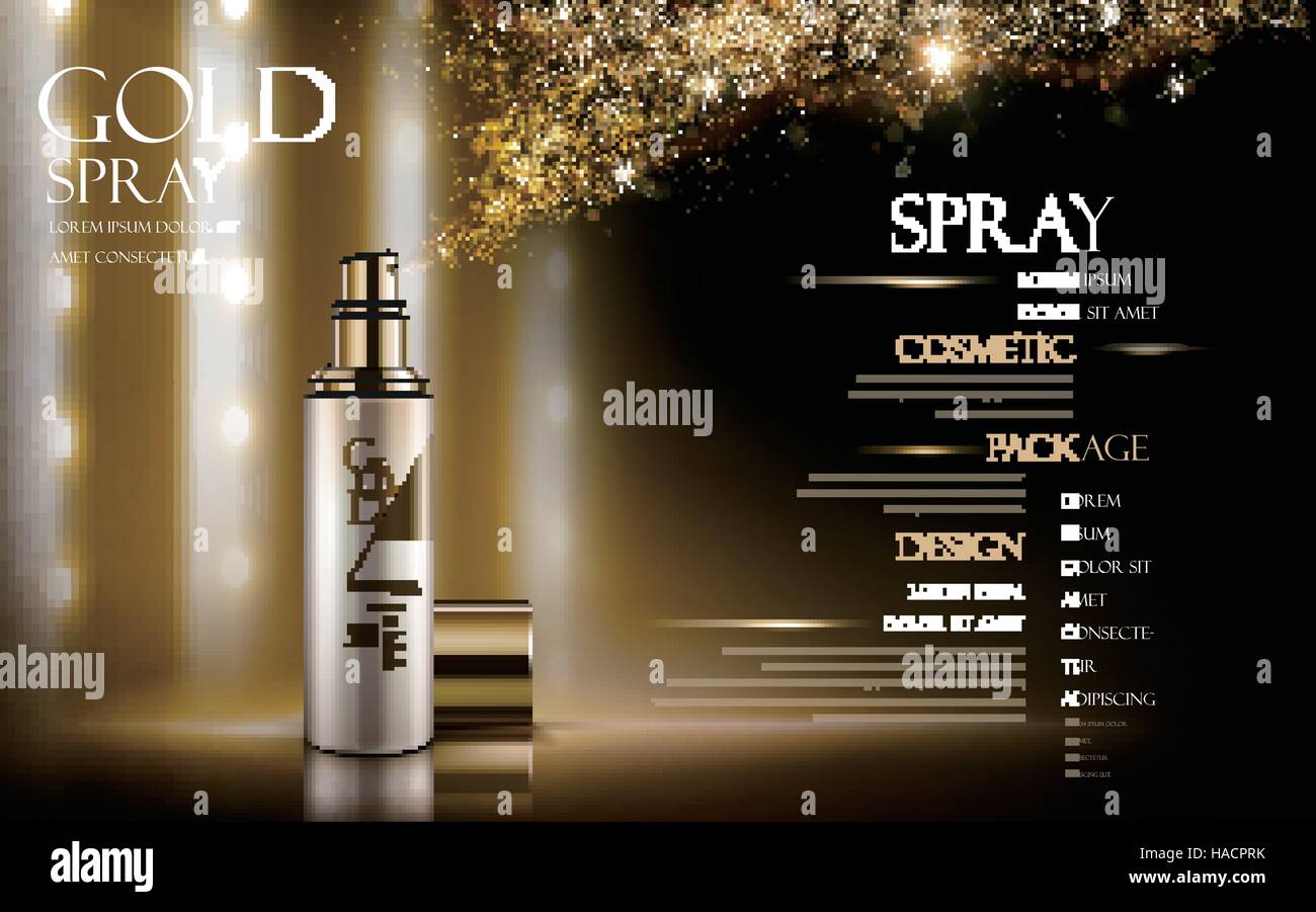 golden spray contained in bottle, with logo and golden powder elements ...