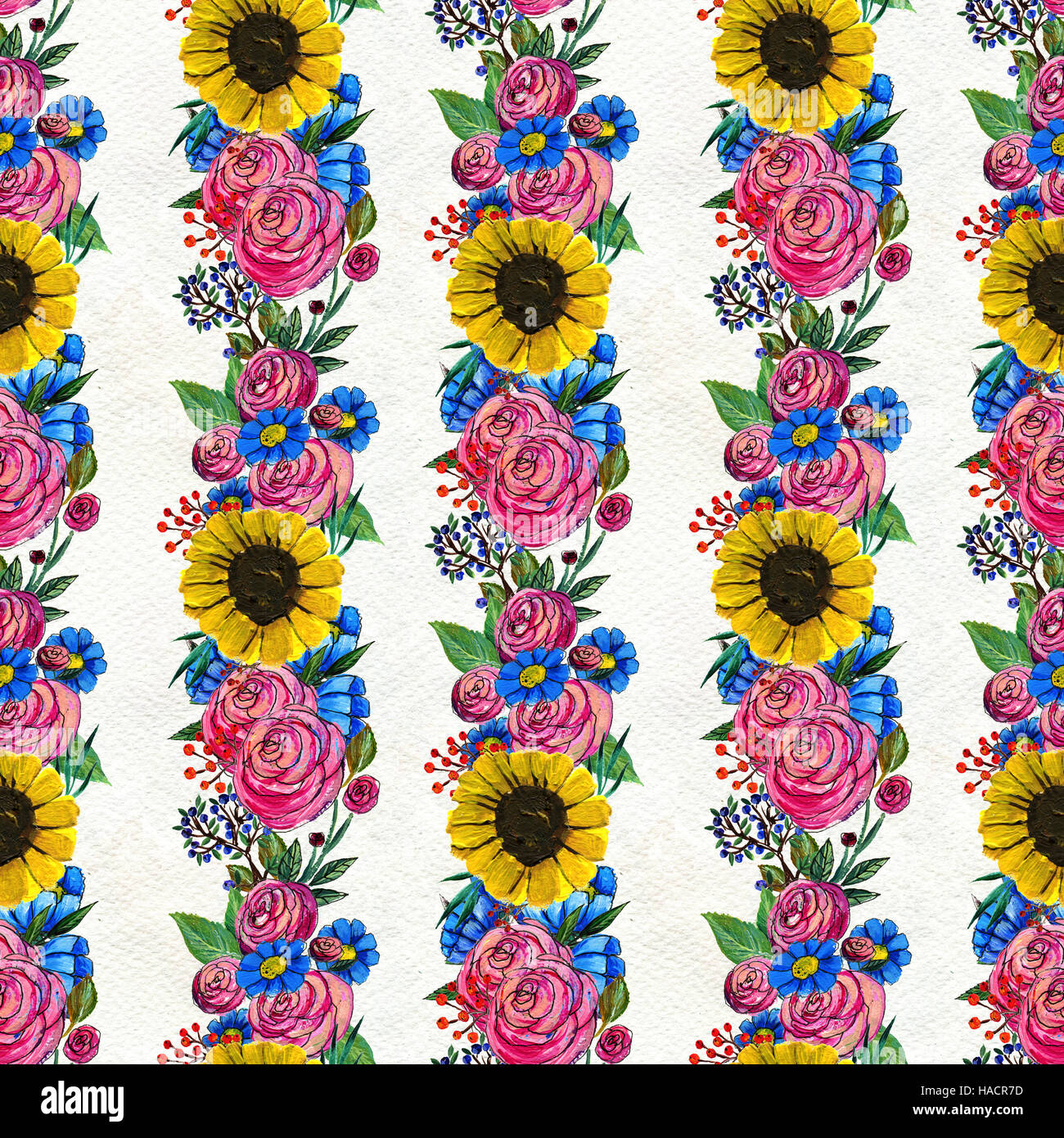Seamless pattern with blue yellow and pink flowers Stock Photo - Alamy