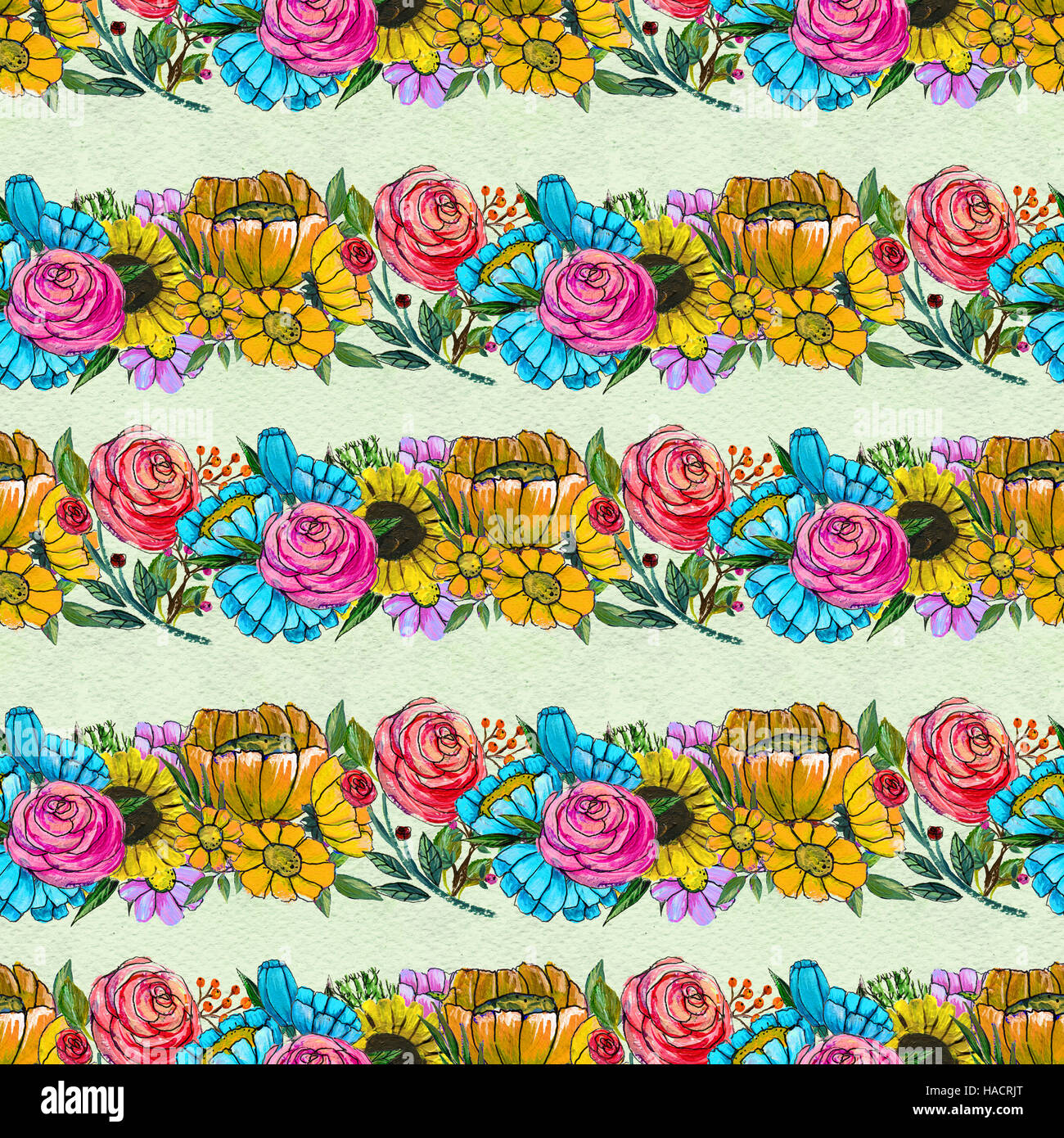 Seamless pattern with blue yellow and pink flowers Stock Photo - Alamy