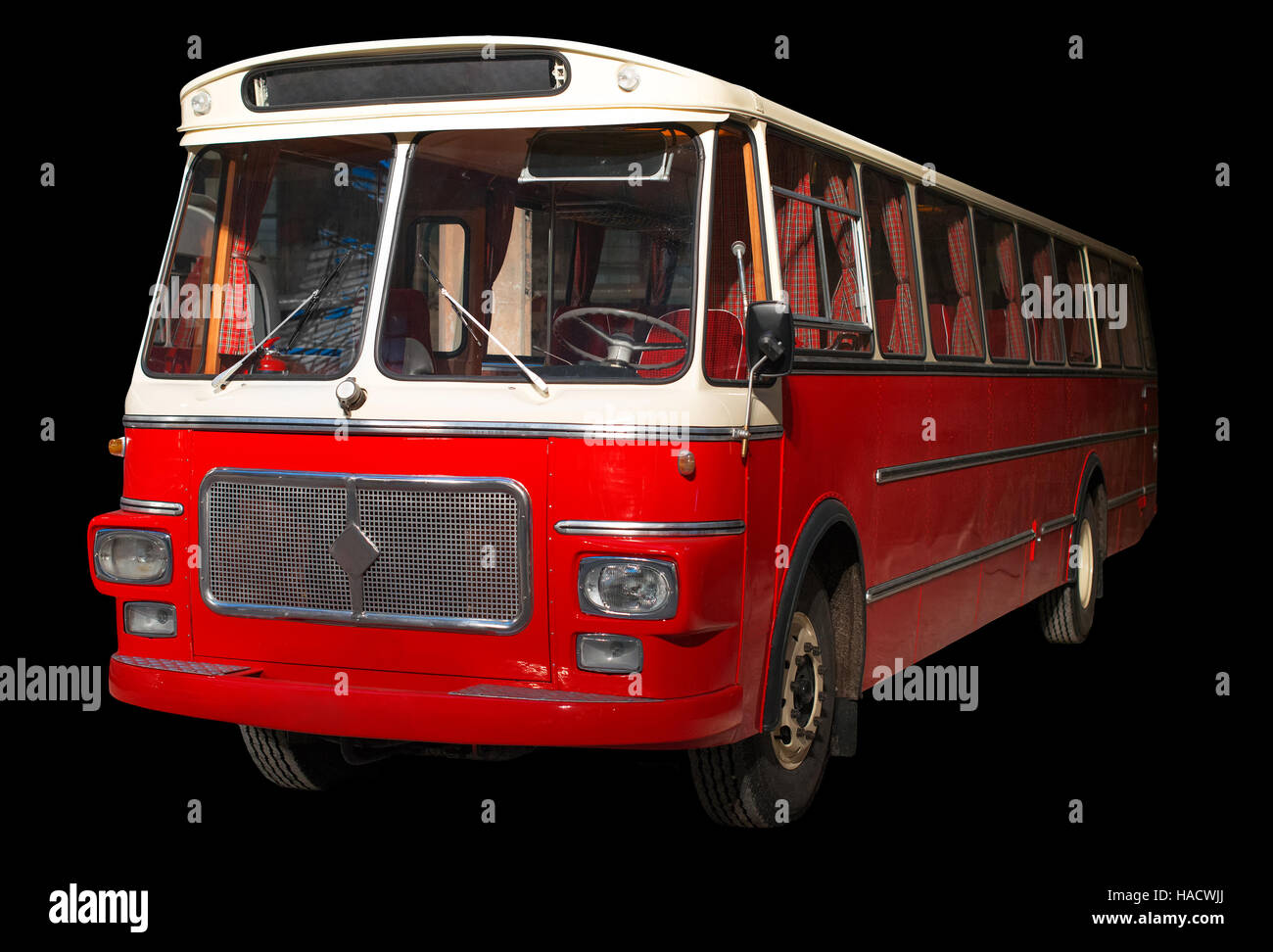 Old retro red bus. Isolated on black background Stock Photo - Alamy