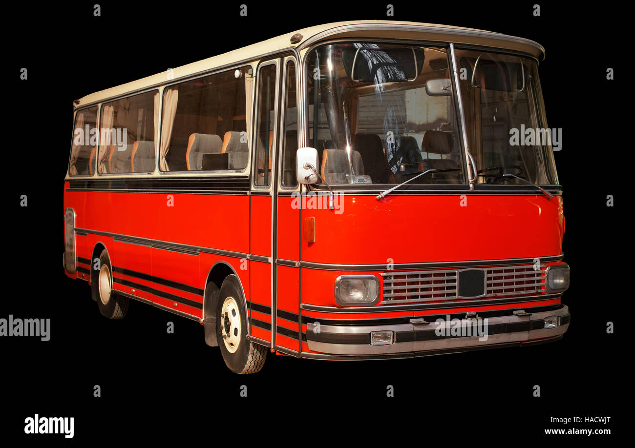 Old retro red bus. Isolated on black background Stock Photo - Alamy