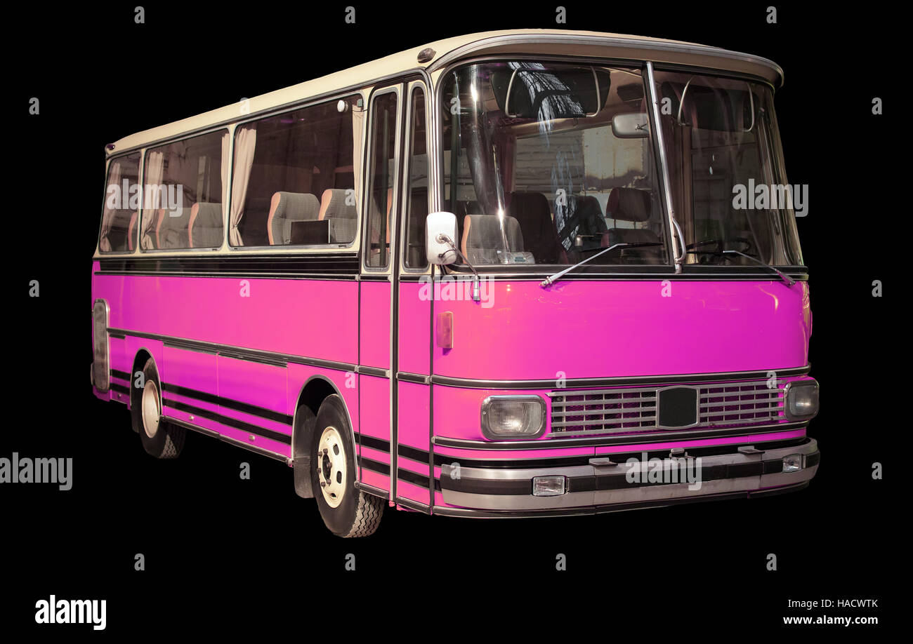 Old retro pink bus. Isolated on black background Stock Photo - Alamy