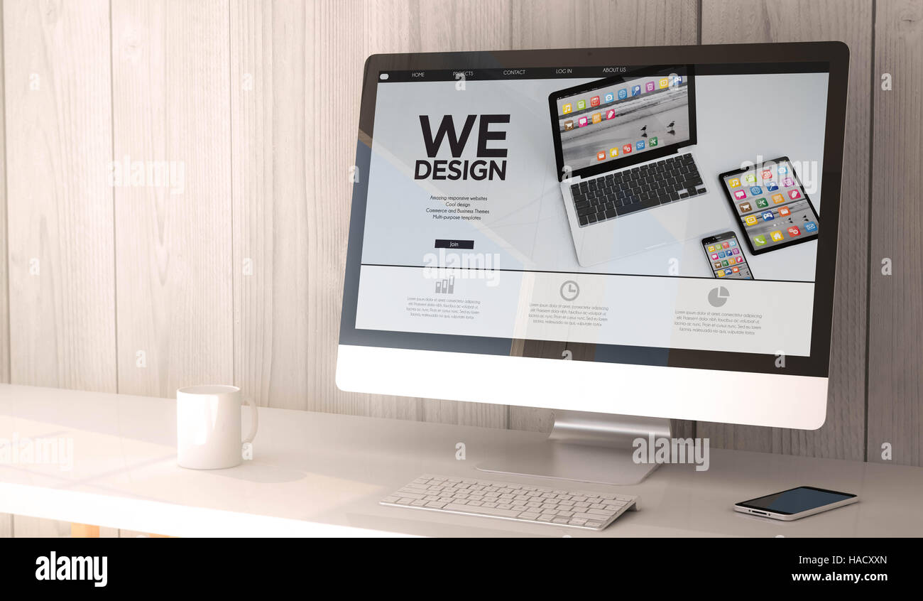 digital render generated workspace with respnsive design website on the screen of computer and ...