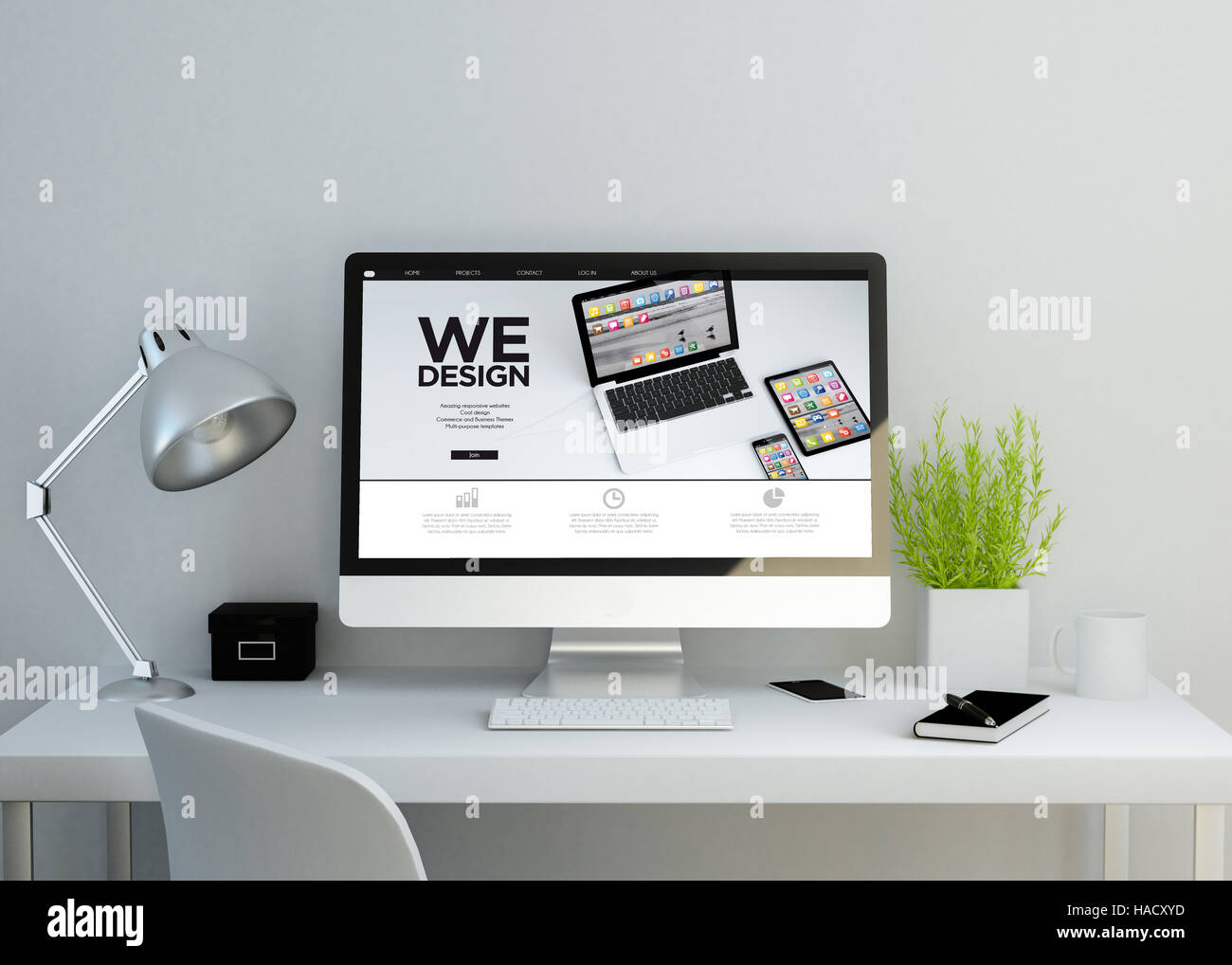modern clean workspace mockup with responsive design website on screen ...
