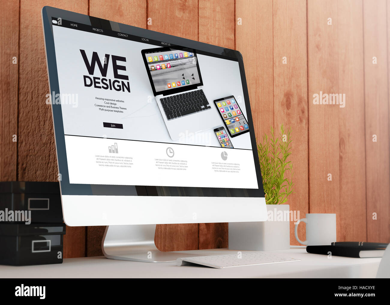 modern wooden workspace with computer website design. All screen graphics are made up. 3D ...