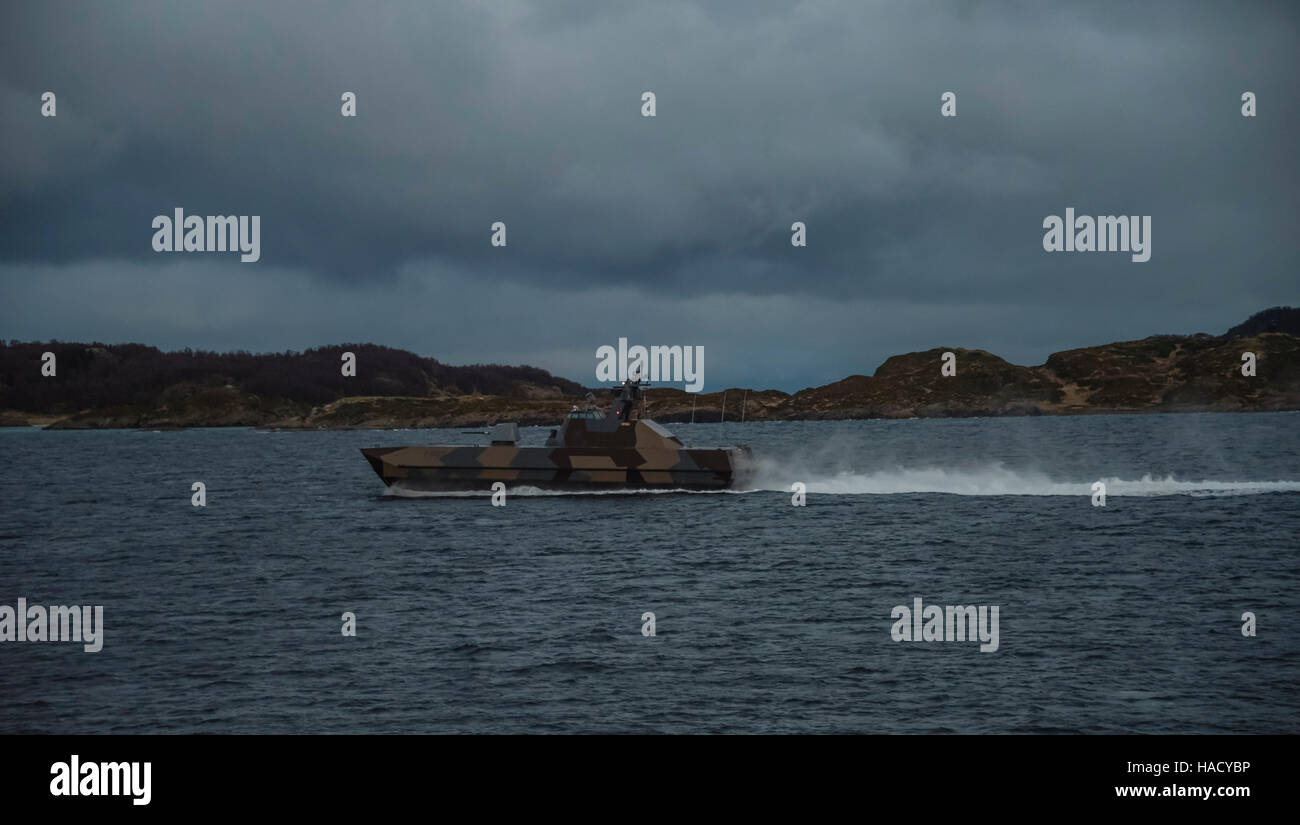 Norwegian navy fast patrol boat Steil P963 on patrol, Harstad, Norway ...