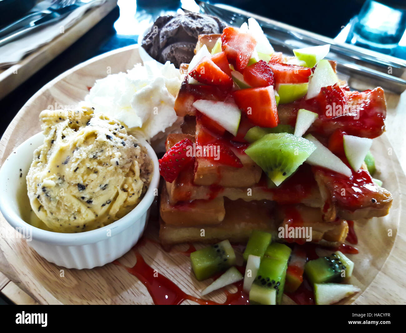 toasted bread with ice cream and fruits Stock Photo - Alamy