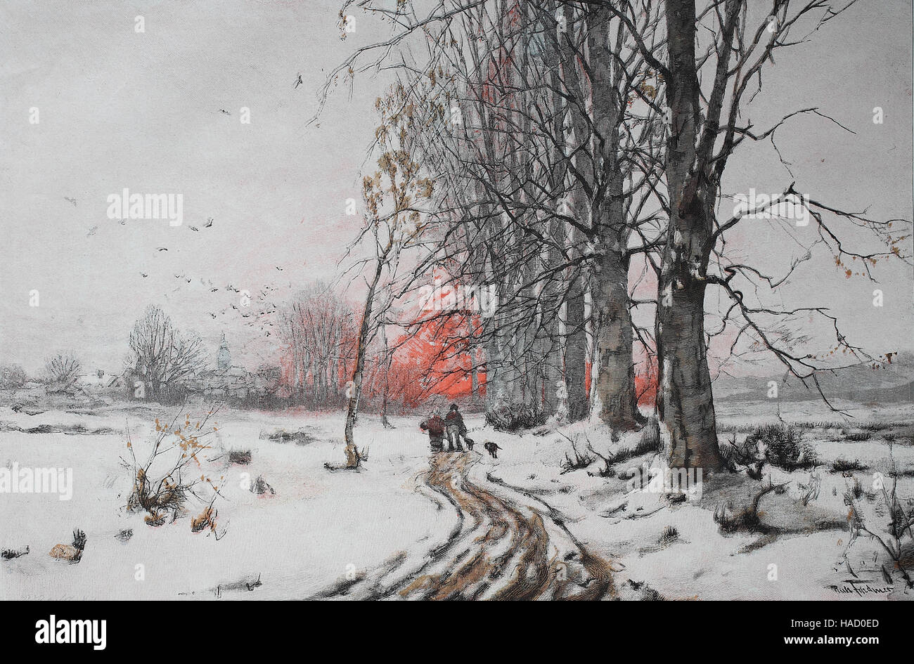 Sunset in a winter landscape in Prussia, illustration published in 1880 ...
