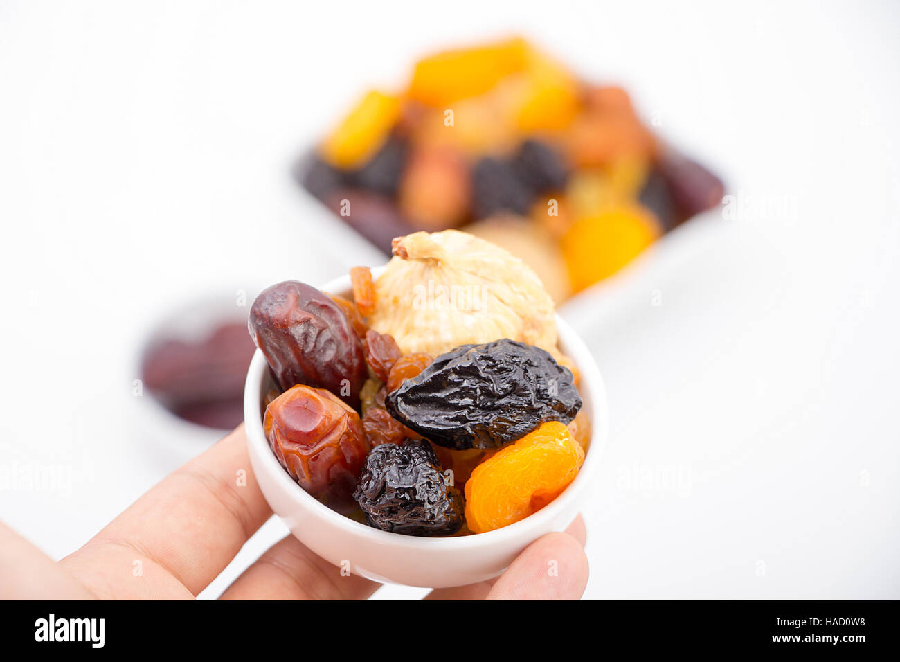 Muslim hand presenting collection of Ramadan dried fruits Stock Photo ...