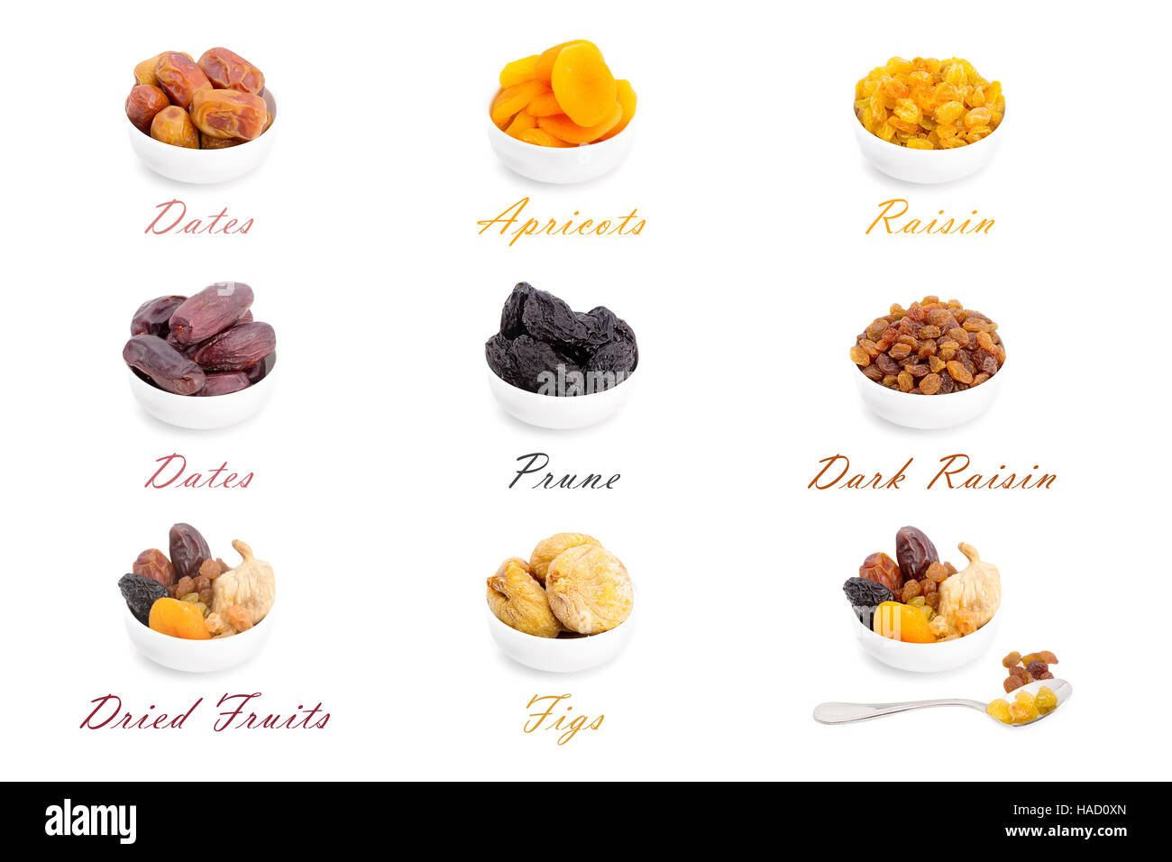 Collection of dried fruits with caption Stock Photo - Alamy