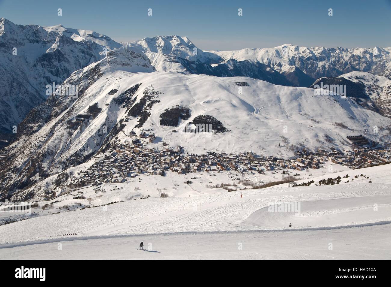 Skiing slopes, majestic Alpine landscape Stock Photo - Alamy