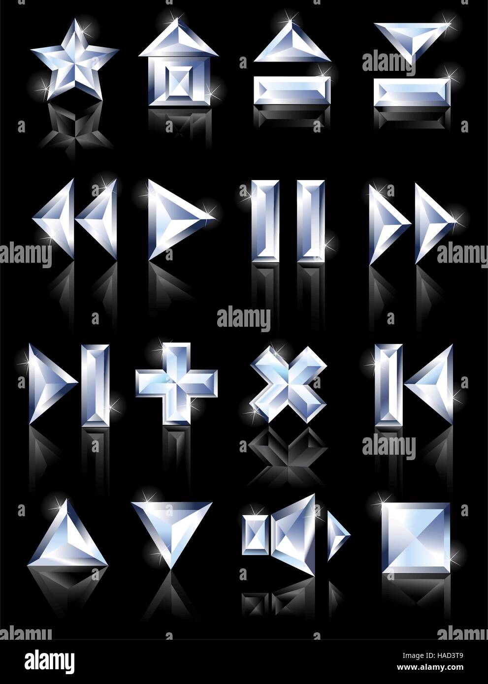 diamond cut multimedia icons on a black mirror background: pause, home ...