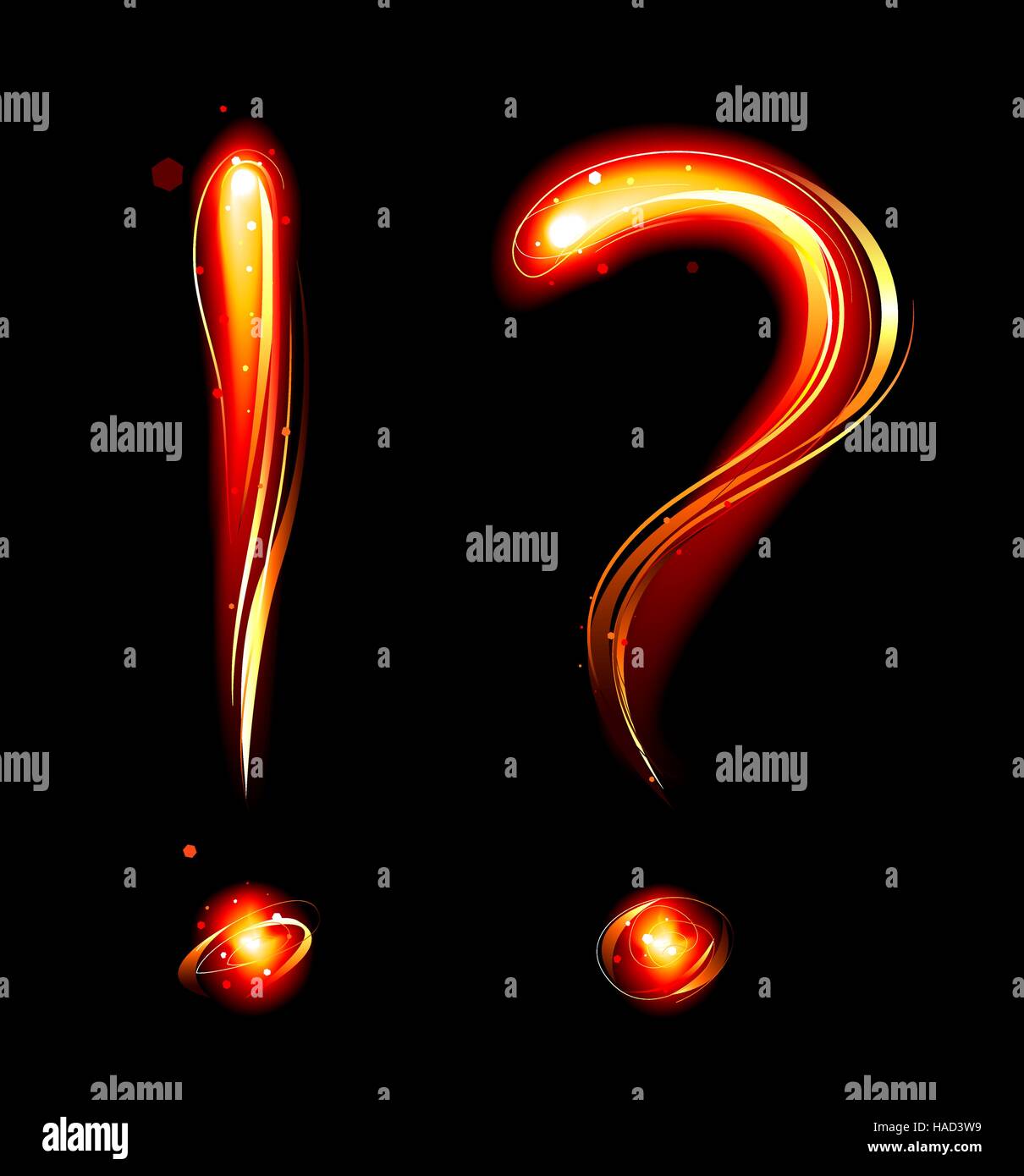 question mark and exclamation mark from the fire on a dark background ...
