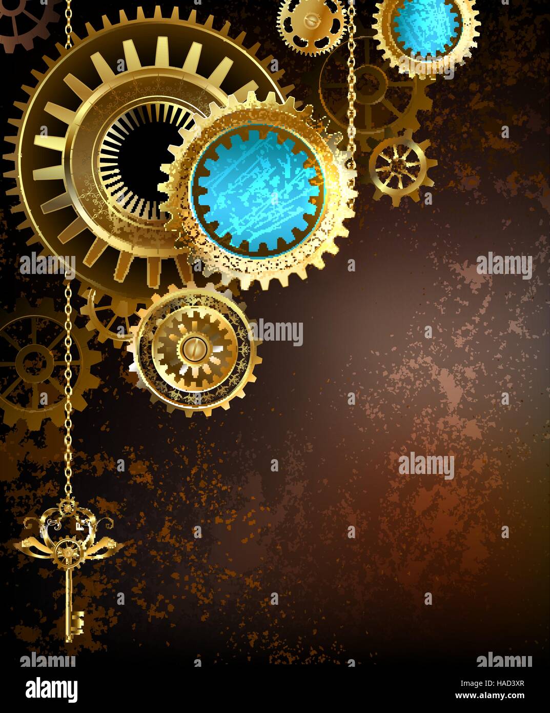 gold and brass gears with a gold key on a rusty textural background ...