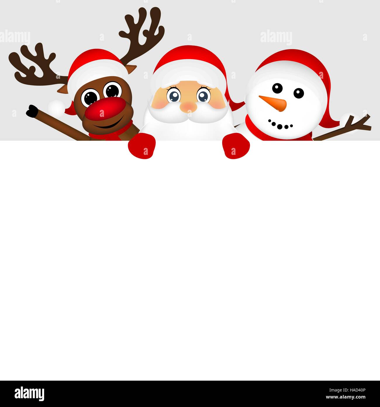 Santa Claus with snowman and reindeer peeking out from behind a Stock ...