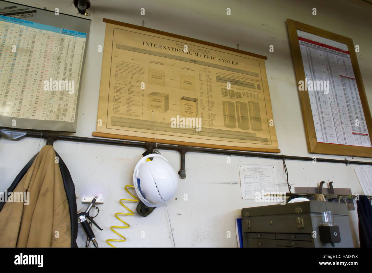 Conversion charts on wall of machinery tool room Stock Photo - Alamy