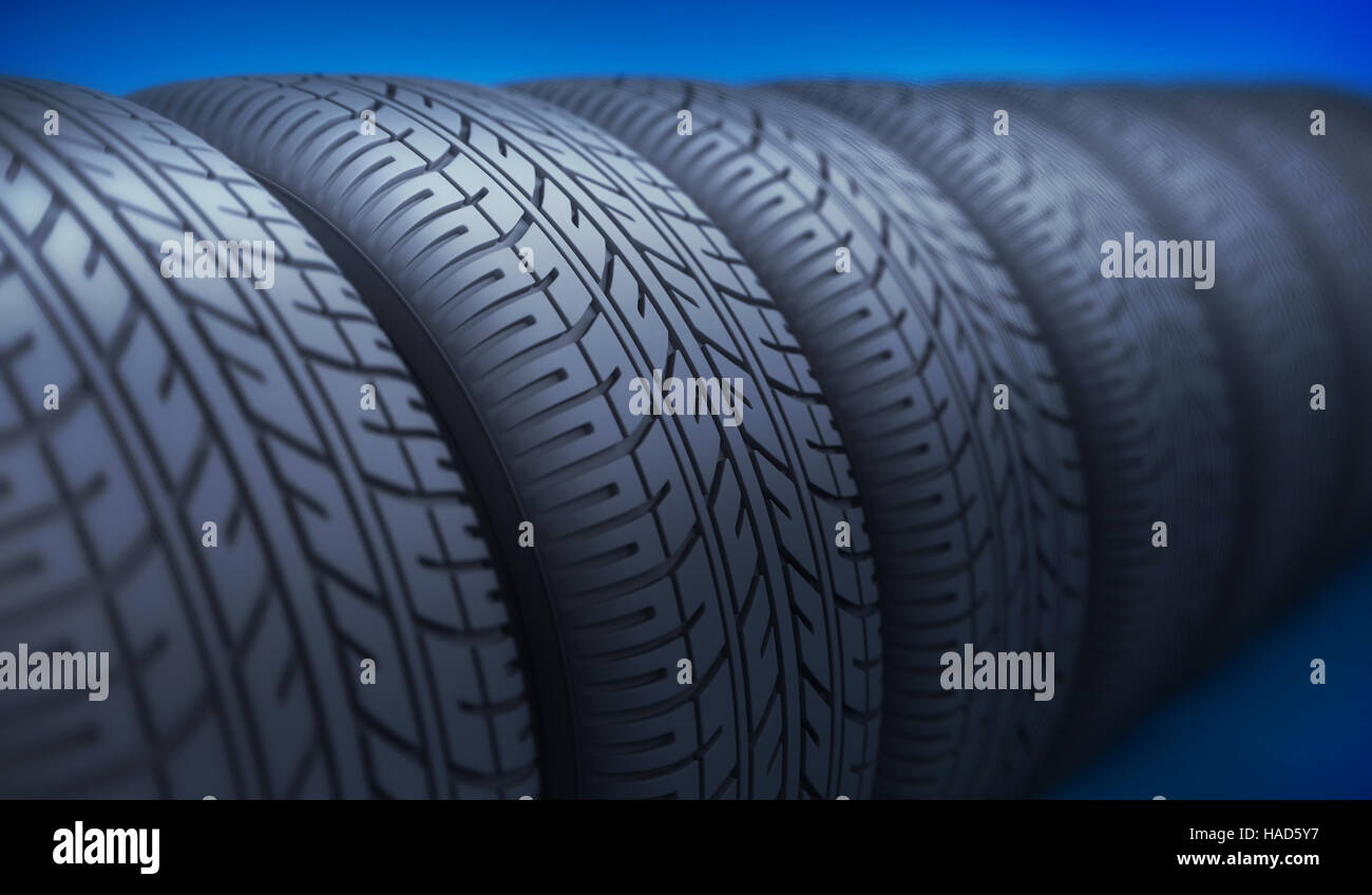 Row car wheel and tire. 3d illustration Stock Photo - Alamy