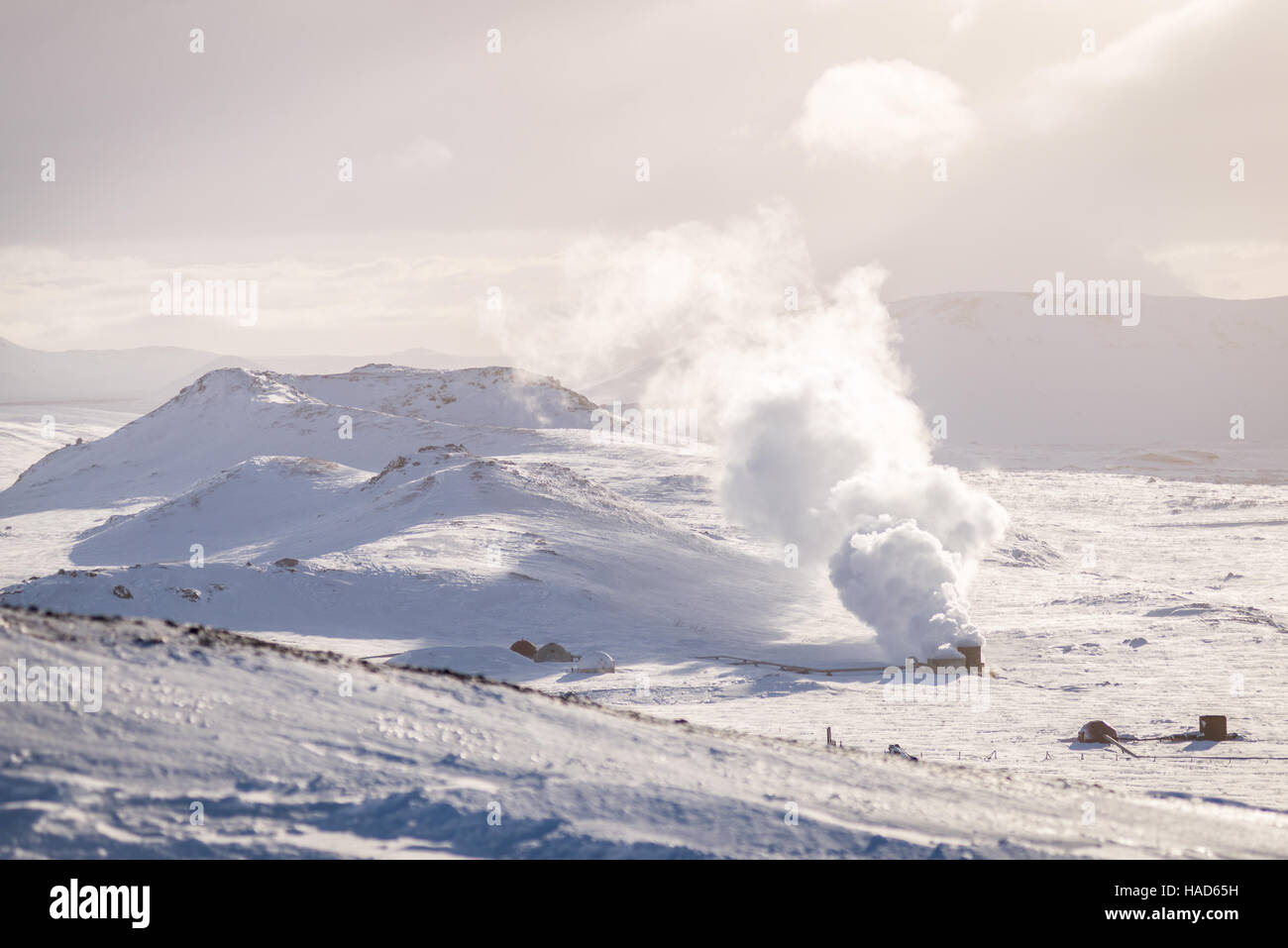 Geothermal landscape in winter near Myvatn lake, Iceland Stock Photo ...