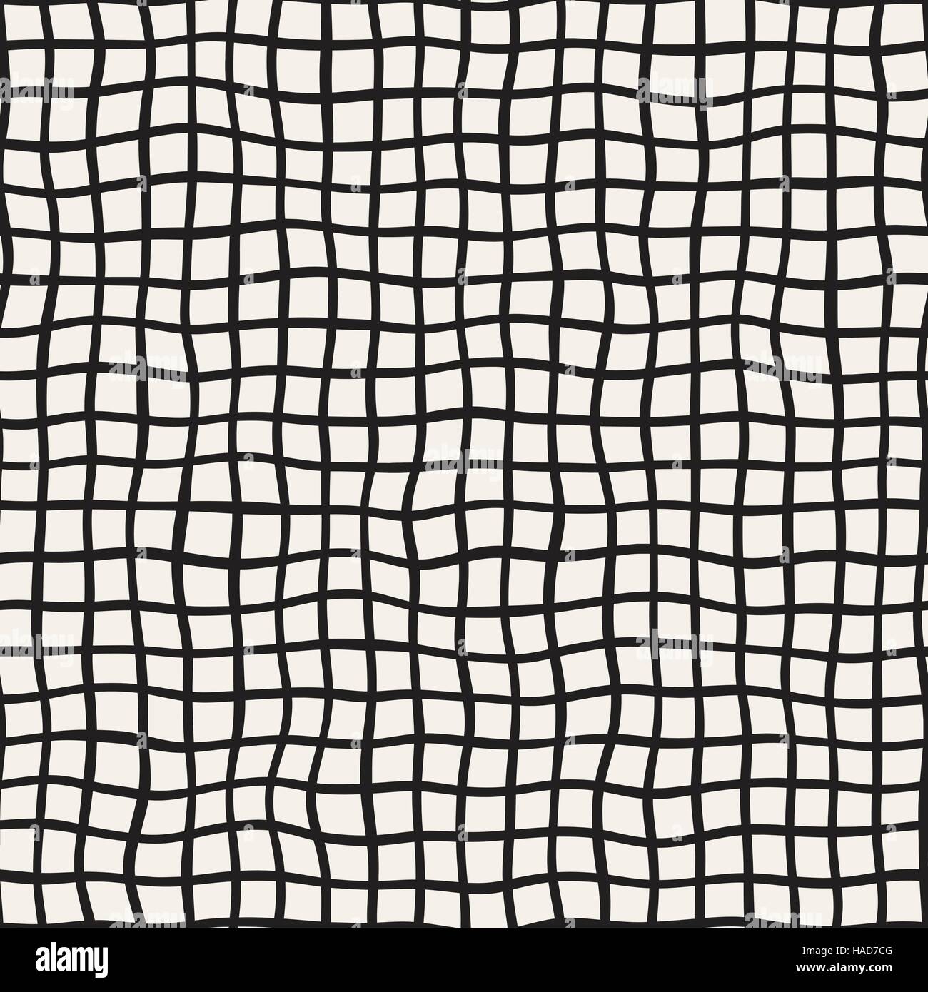 Wavy Hand Drawn Lines Square Grid. Vector Seamless Black and White Pattern Stock Vector Image ...