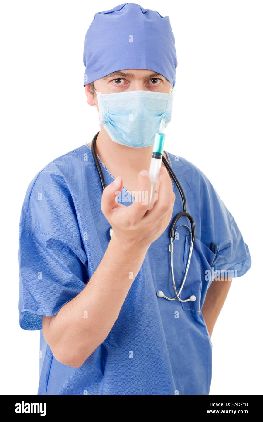 silly doctor with a syringe isolated over white background Stock Photo ...