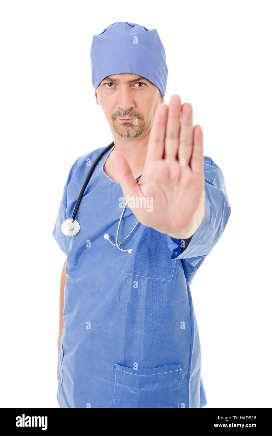 male doctor going stop with his hand, isolated Stock Photo - Alamy