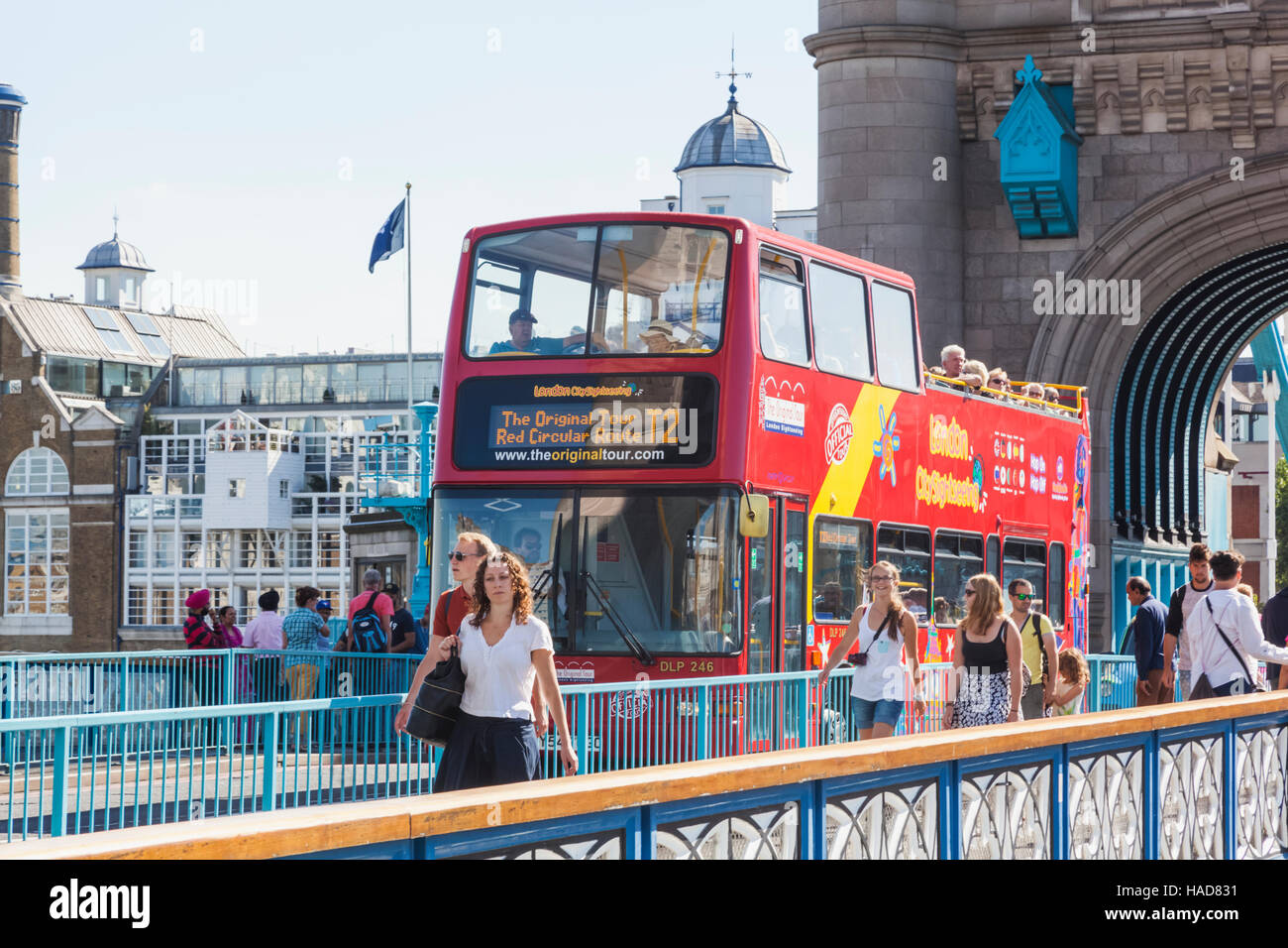 England, London, Tour Bus on Tower Bridge Stock Photo - Alamy