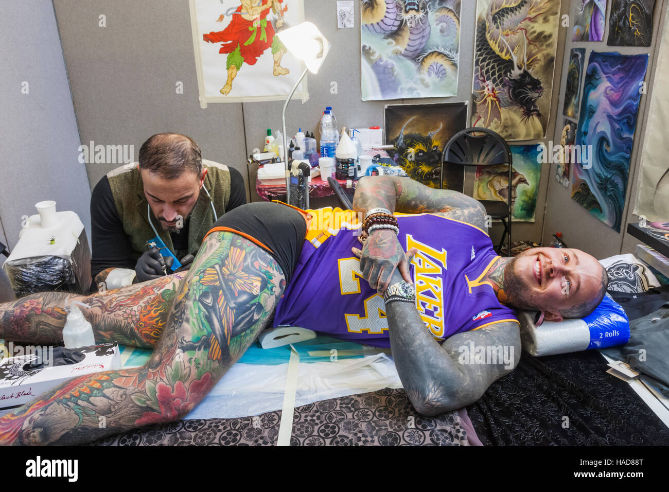 England, London, London Tattoo Convention, Tattooist at Work Stock ...