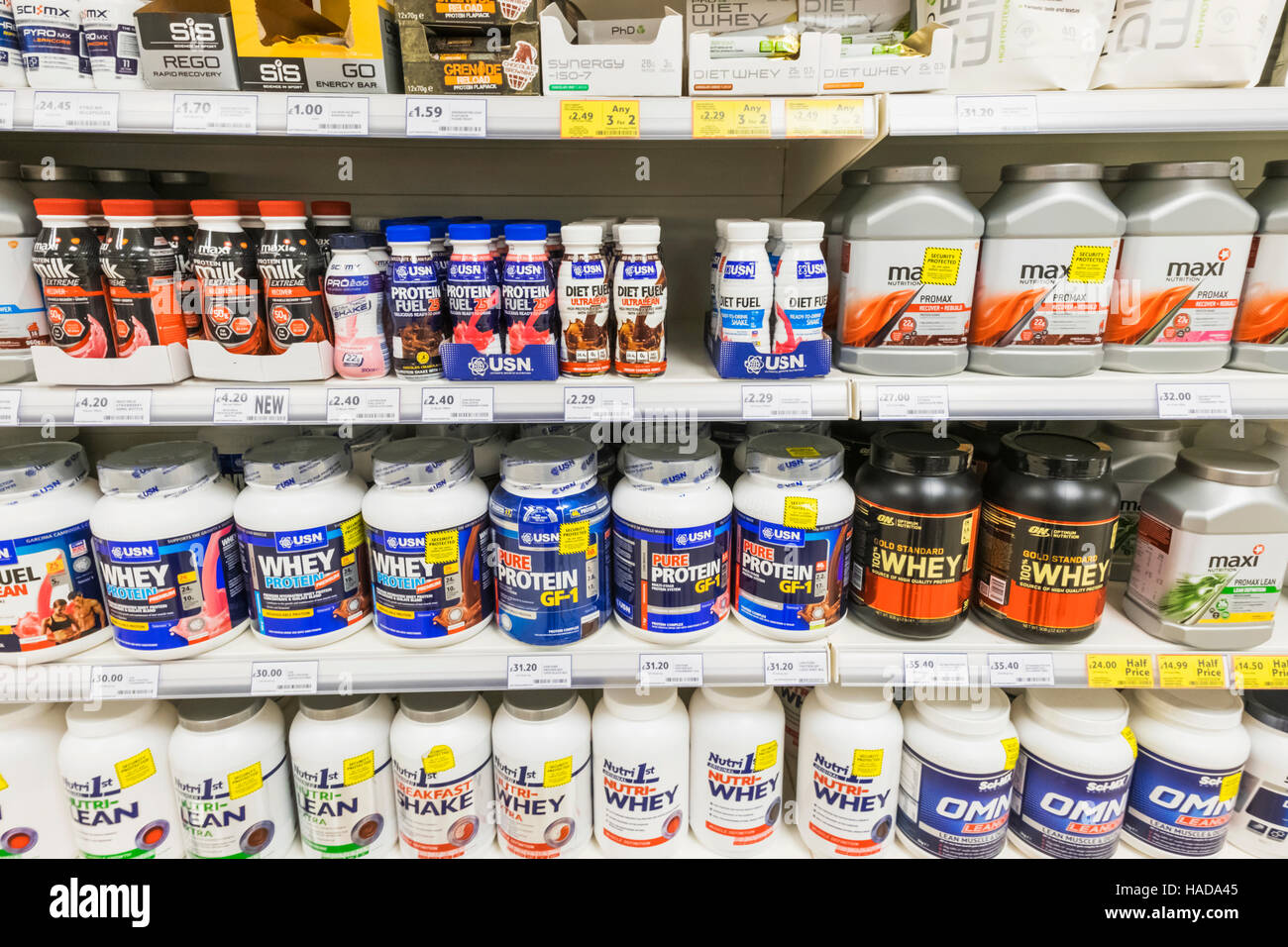 England, London, Supermarket Display of Protein Products Stock Photo ...