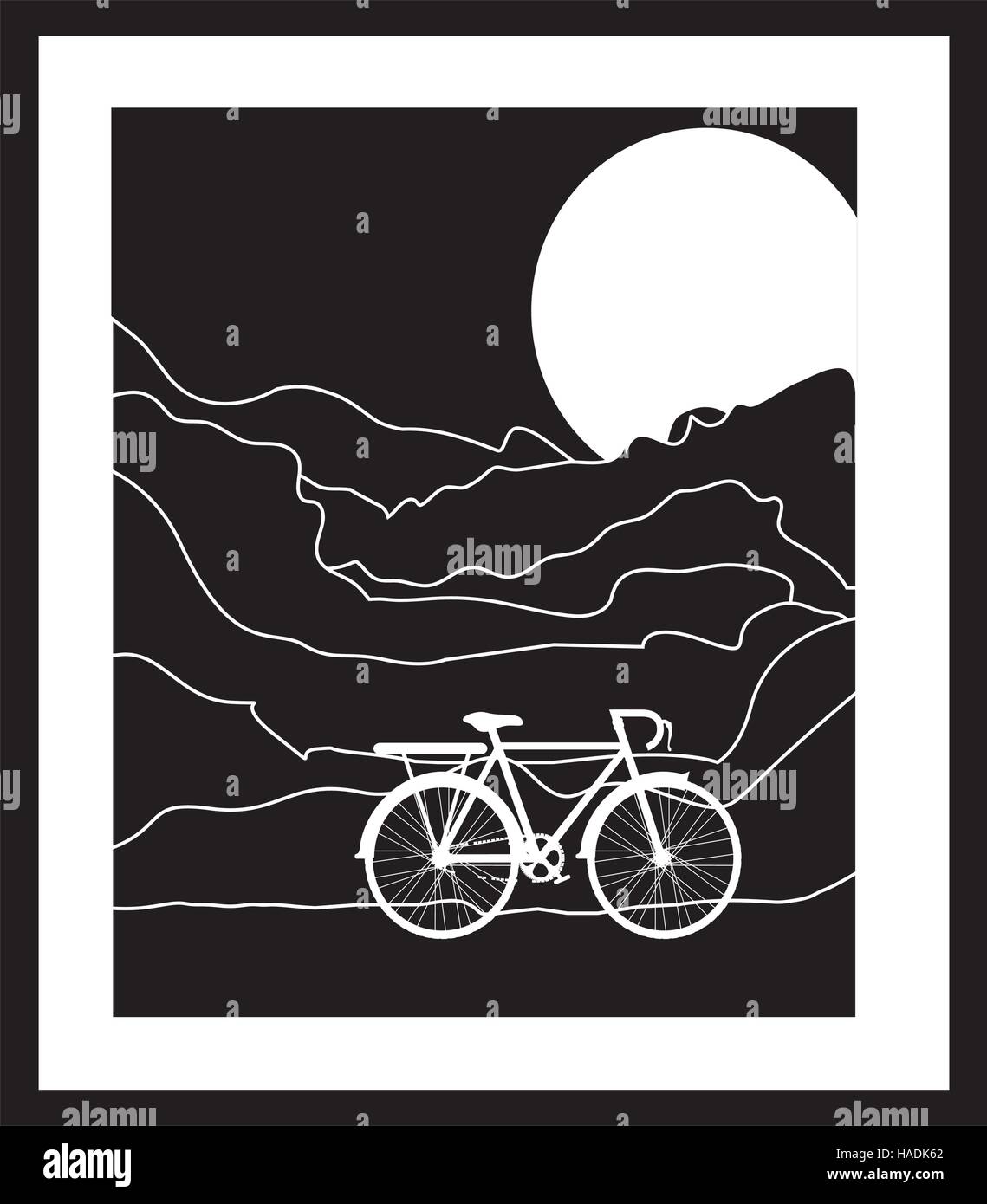 monochrome picture frame with bicycle and moon vector illustration ...