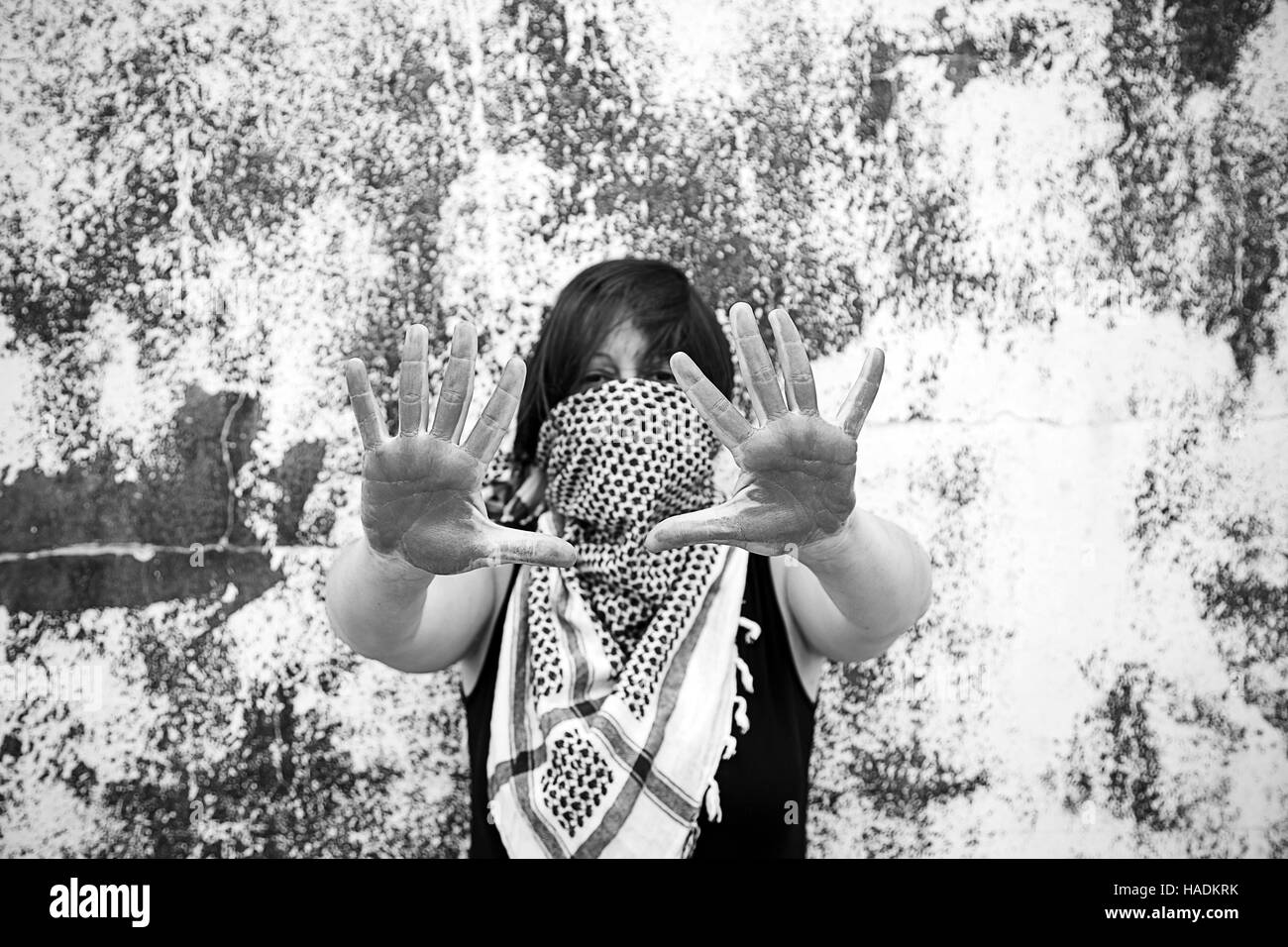 Red stained hands in protest, lifestyle Stock Photo - Alamy