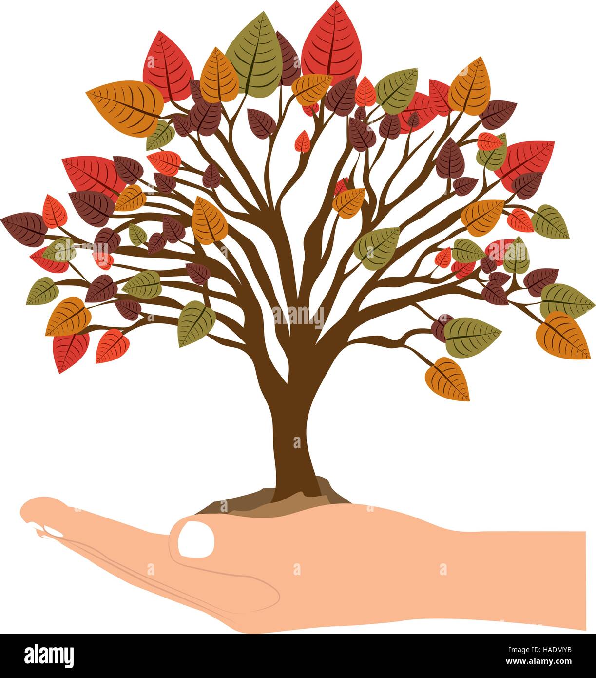 hand holding a tree with colorful leafy branches vector illustration ...