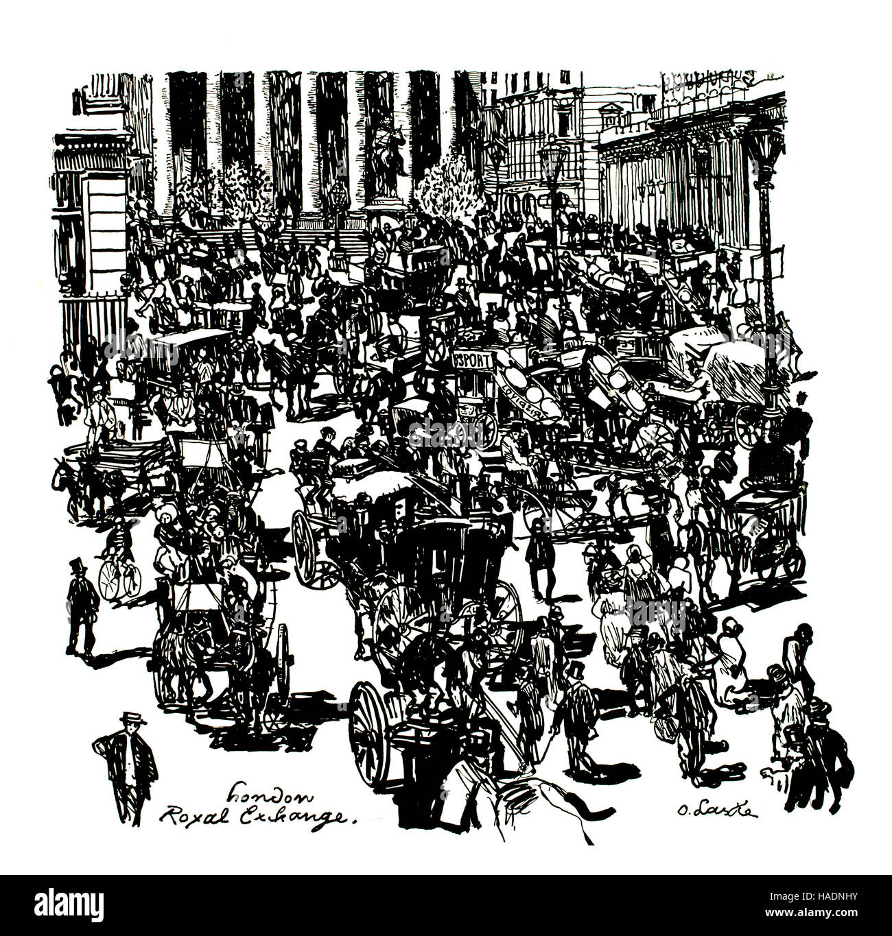Royal Exchange London at turn of century, line illustration from ...