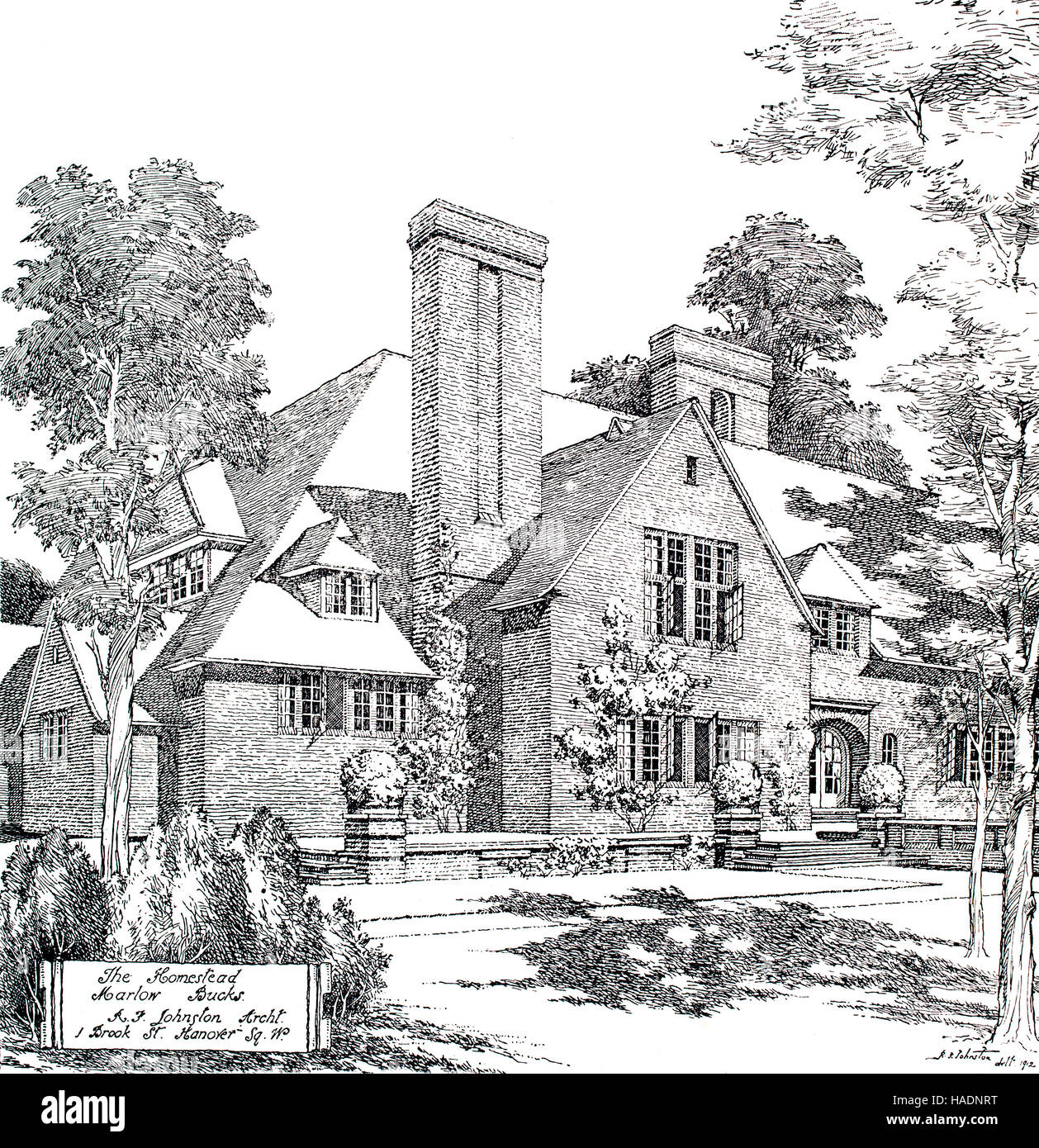 The Homestead, Marlow, Bucks, line drawing of grand arts and crafts ...