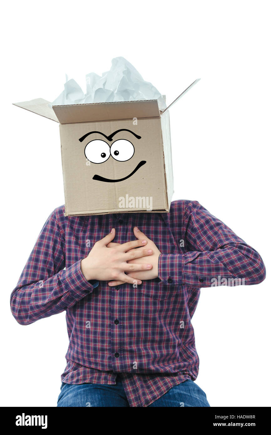 Man with smiling box over his head Stock Photo - Alamy