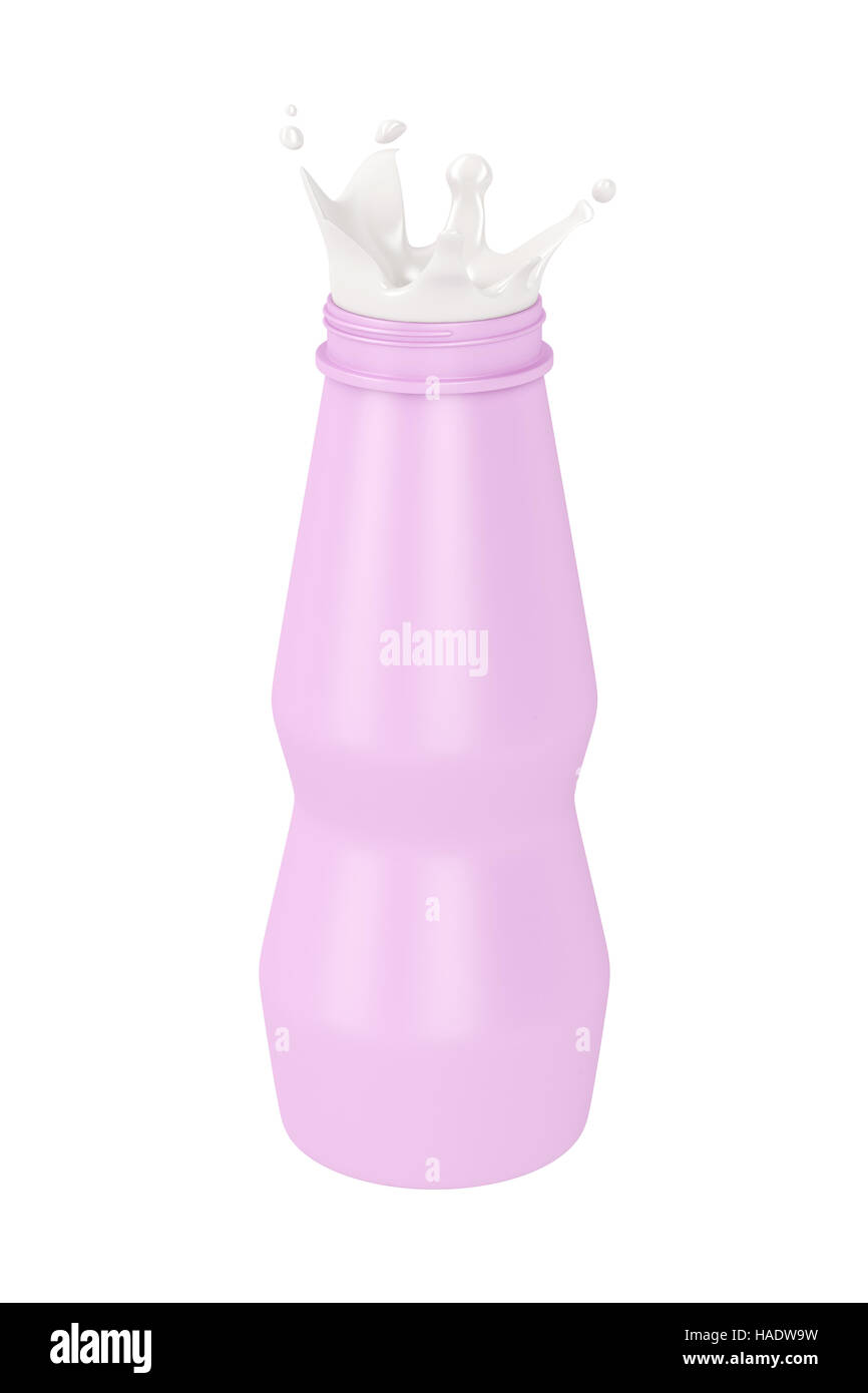 Pink plastic bottle with milk splash, isolated on white background ...