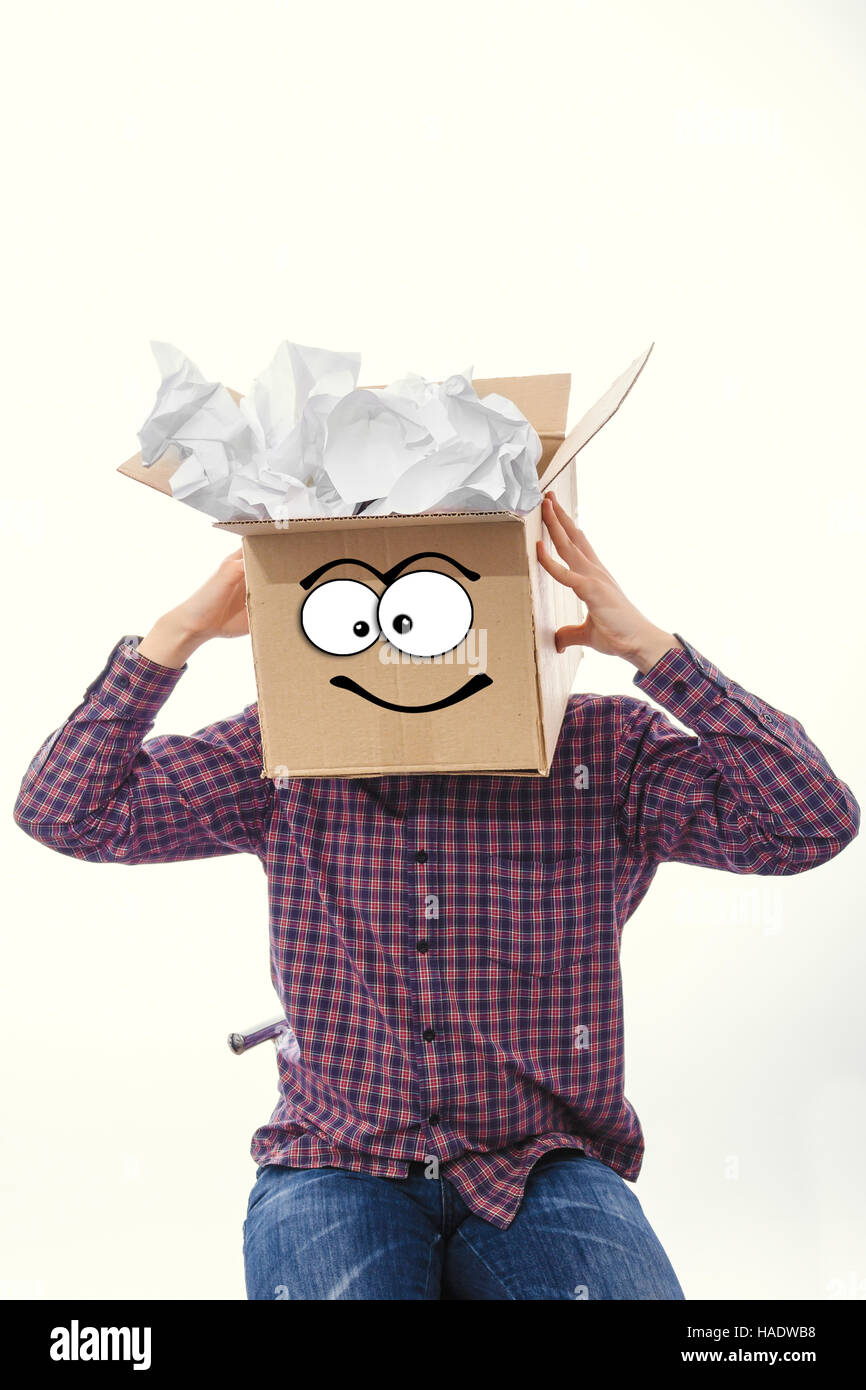 Man with smiling box over his head Stock Photo - Alamy