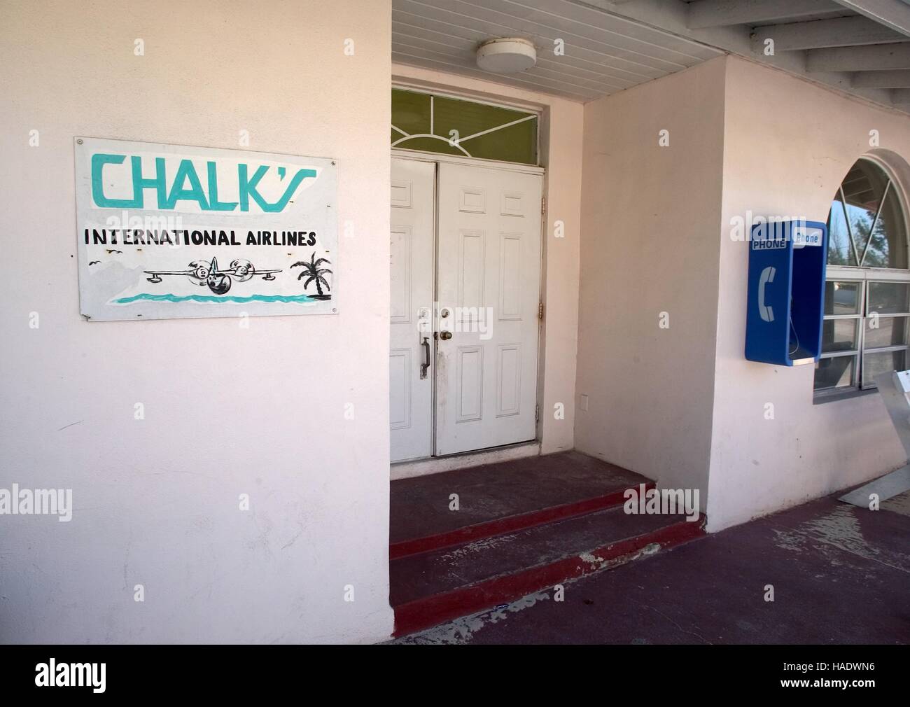 Sign for Chalks Ocean Airlines welcome arrivals along the seaplane ...