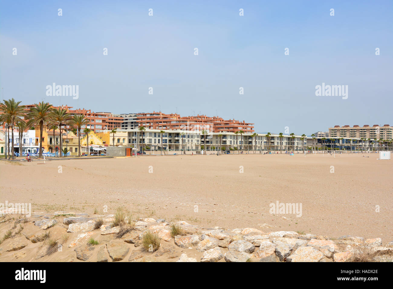 Seafront at Malvarrosa Beach in Valencia, Spain. With people on ...