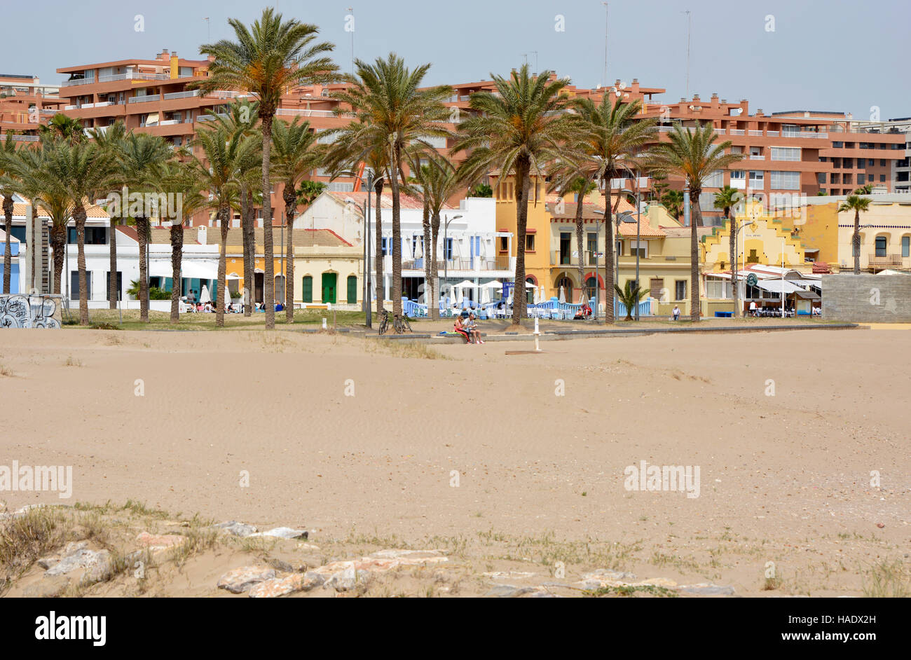 Seafront at Malvarrosa Beach in Valencia, Spain. With people on ...