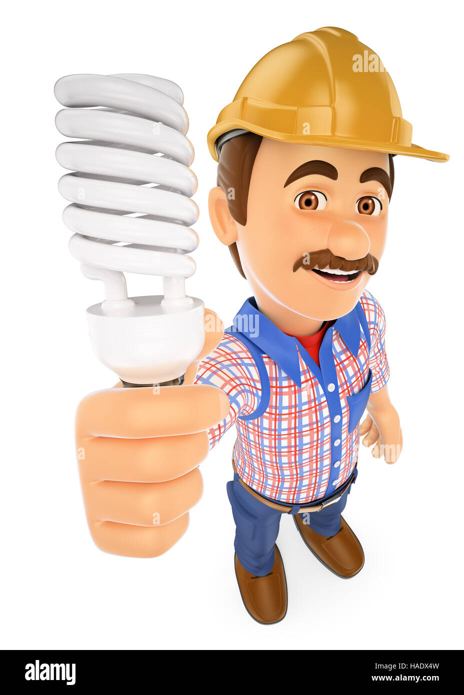 3d working people illustration. Electrician with a energy saving light ...
